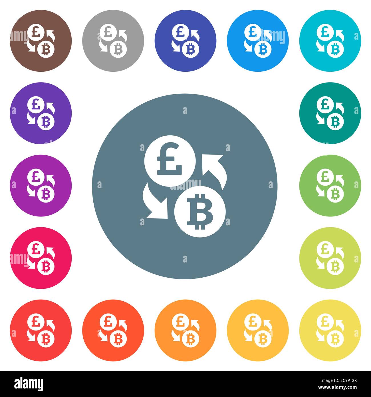 Pound Bitcoin money exchange flat white icons on round color ...