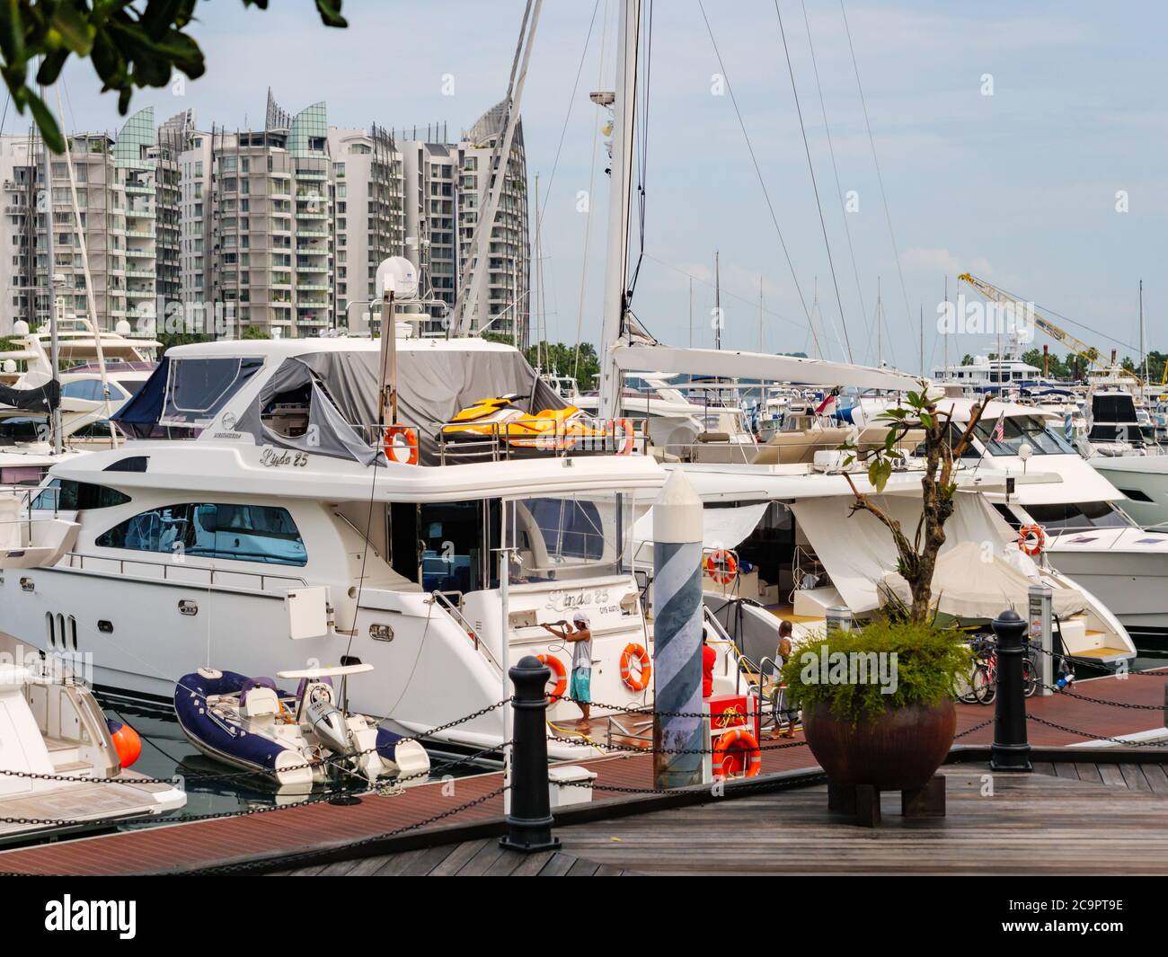 SINGAPORE – JUL 31, 2020 – Luxury recreational boats docked at Quayside ...