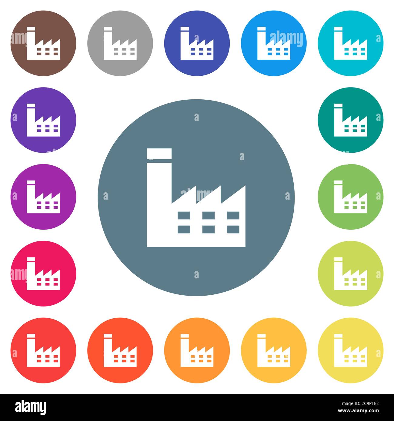 Factory building flat white icons on round color backgrounds. 17 ...
