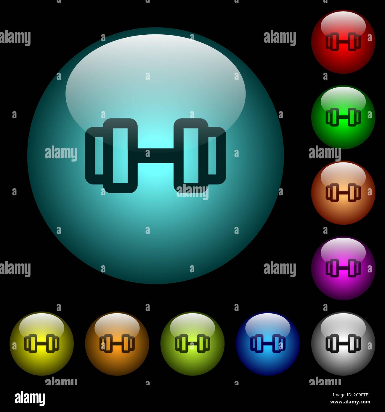 Barbell icons in color illuminated spherical glass buttons on black ...
