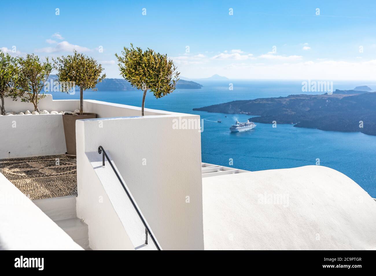 White wash staircases on Santorini Island, Greece. The view toward ...