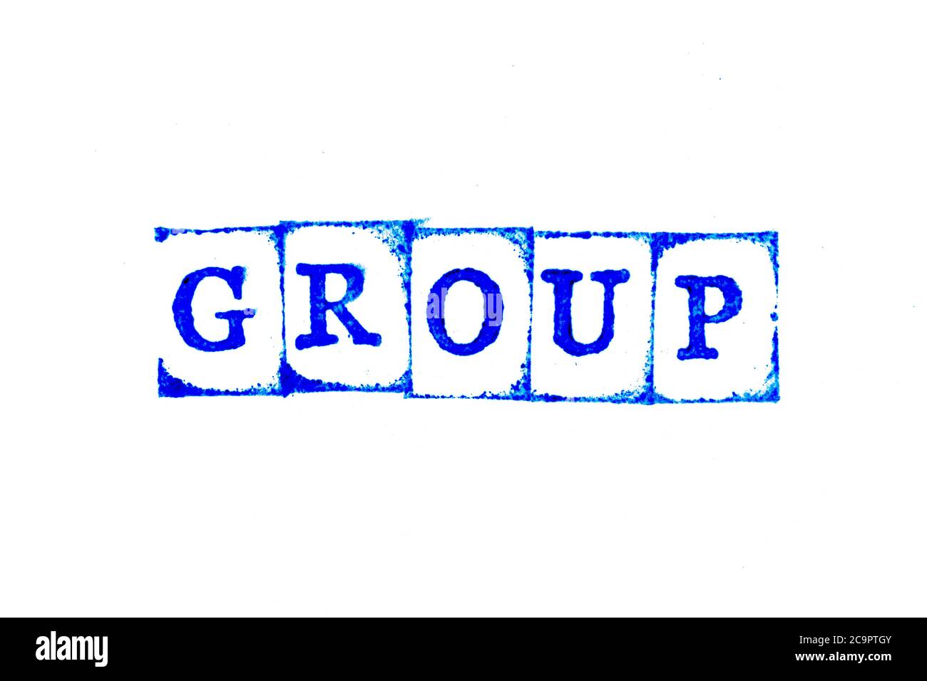 Blue color ink of rubber stamp in word group on white paper background ...