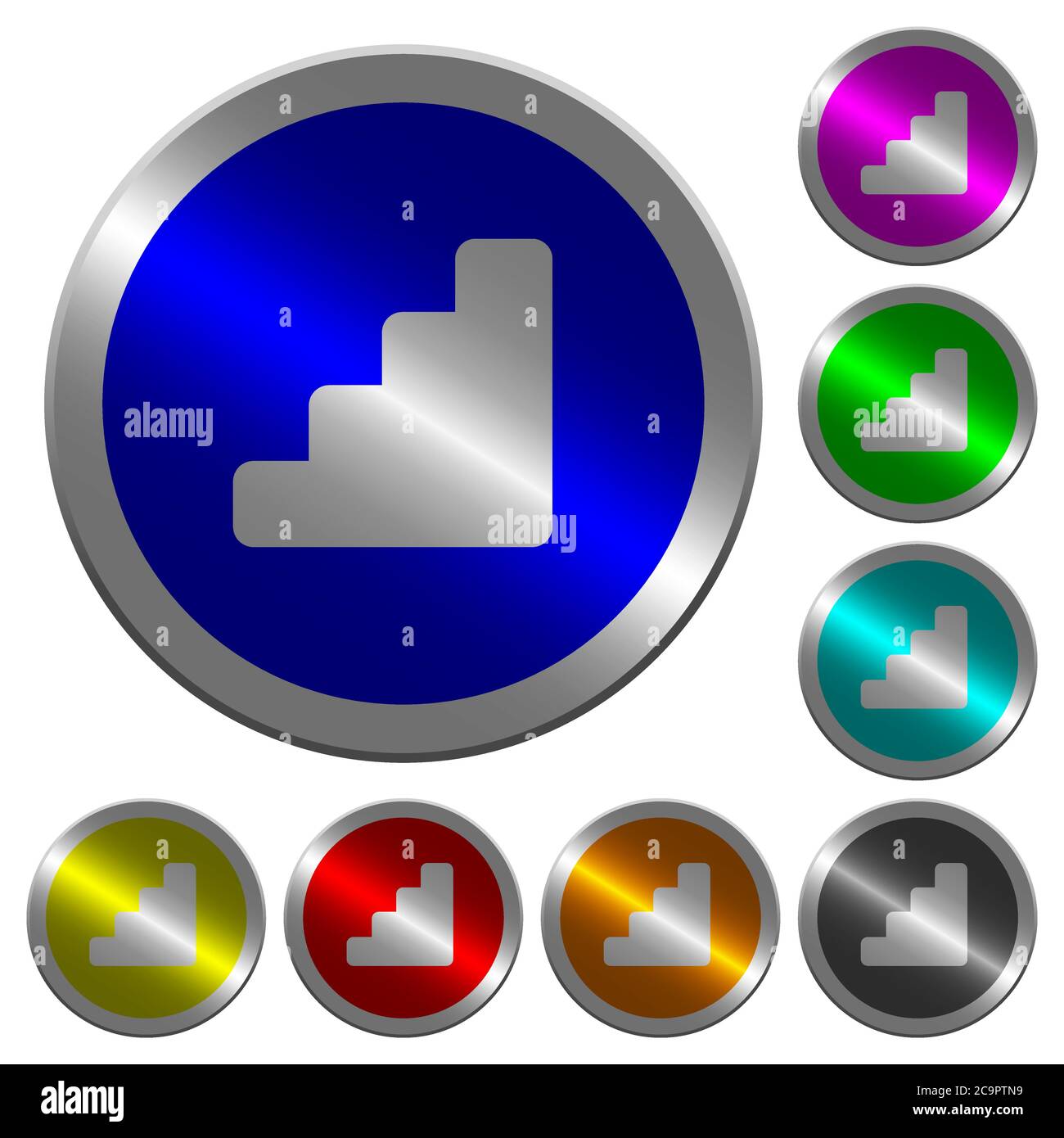 Stairs icons on round luminous coin-like color steel buttons Stock ...