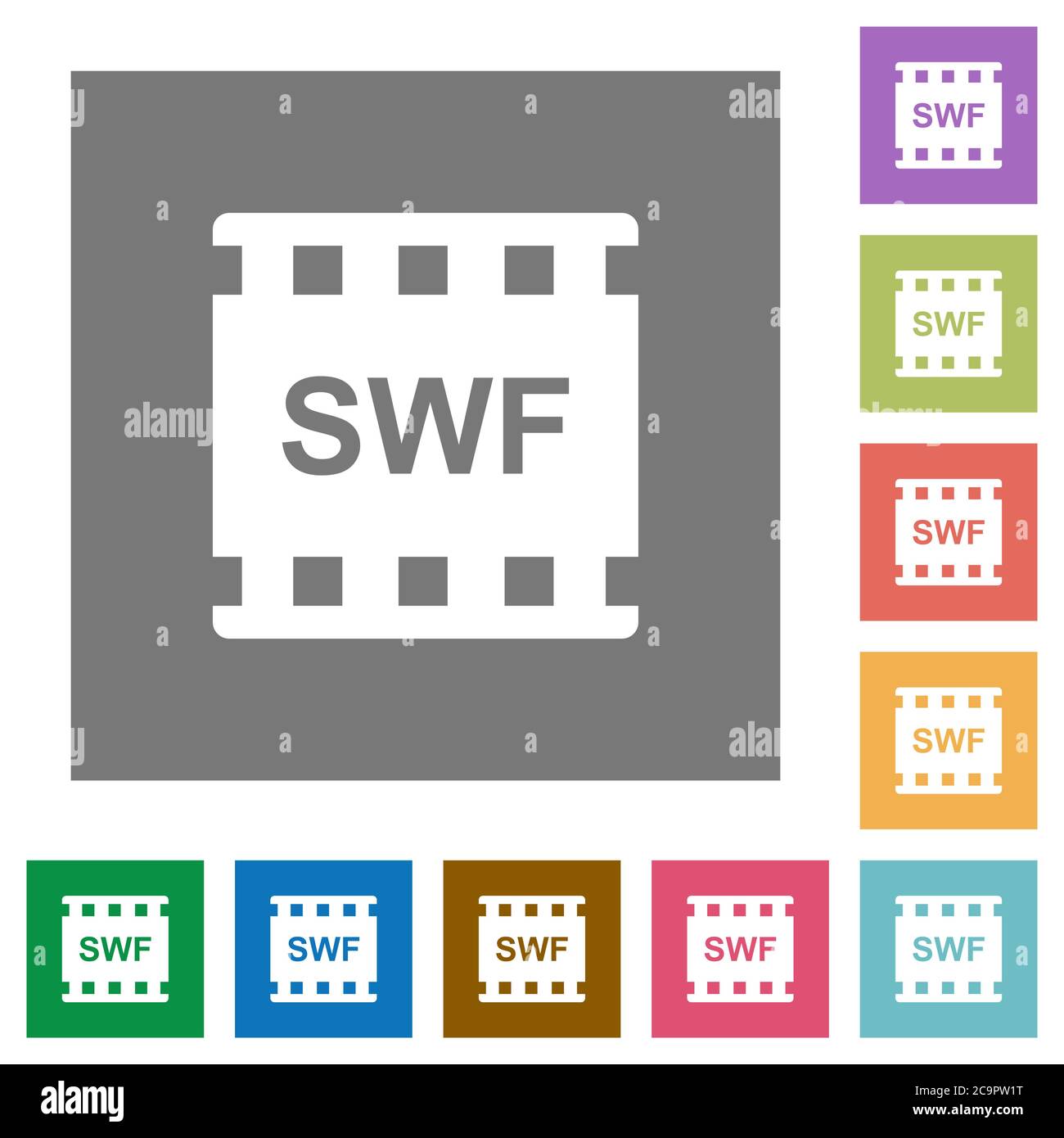 SWF movie format flat icons on simple color square backgrounds Stock ...
