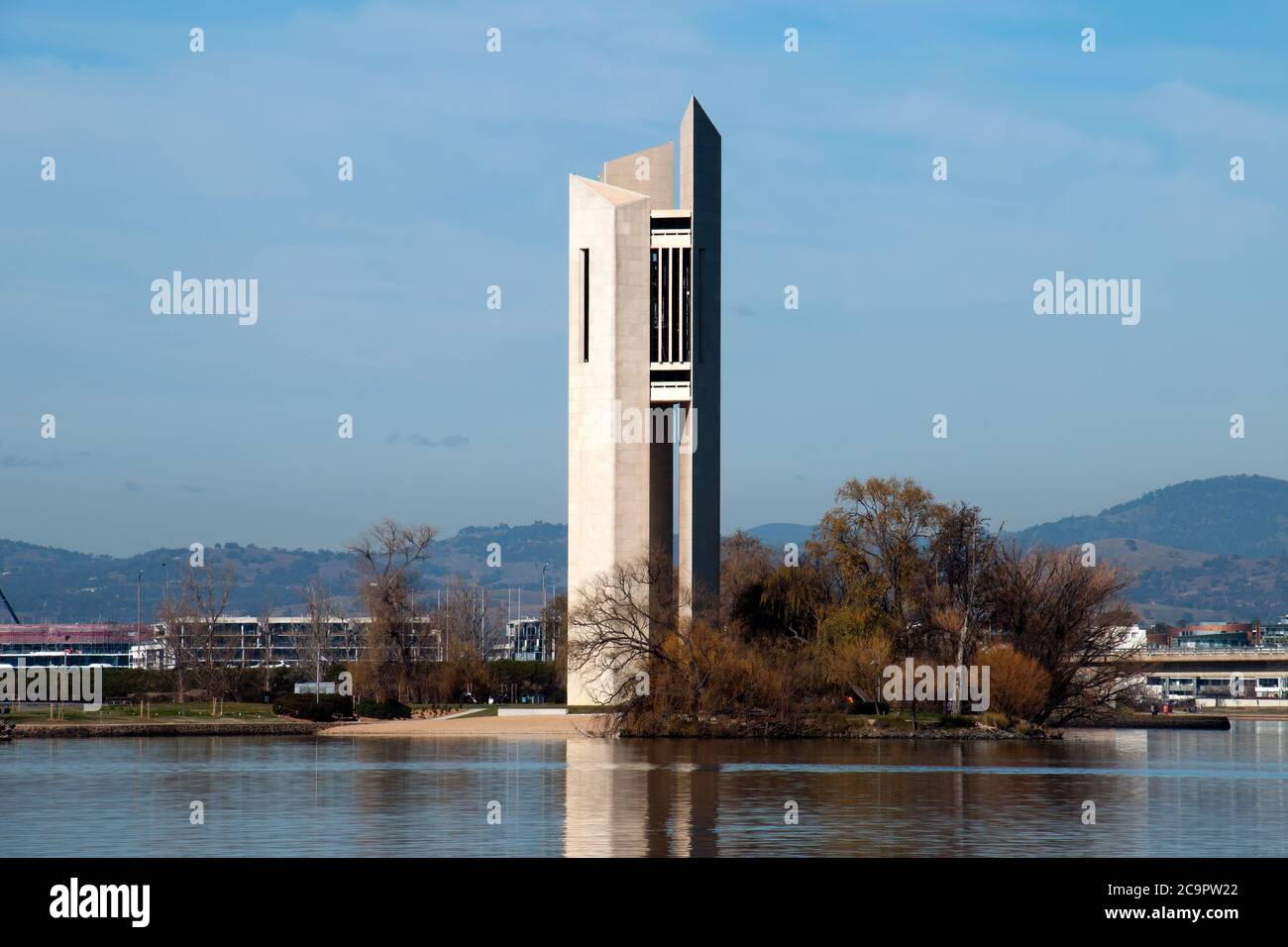 Canberra Australia, view of the National Carillon with hills in ...