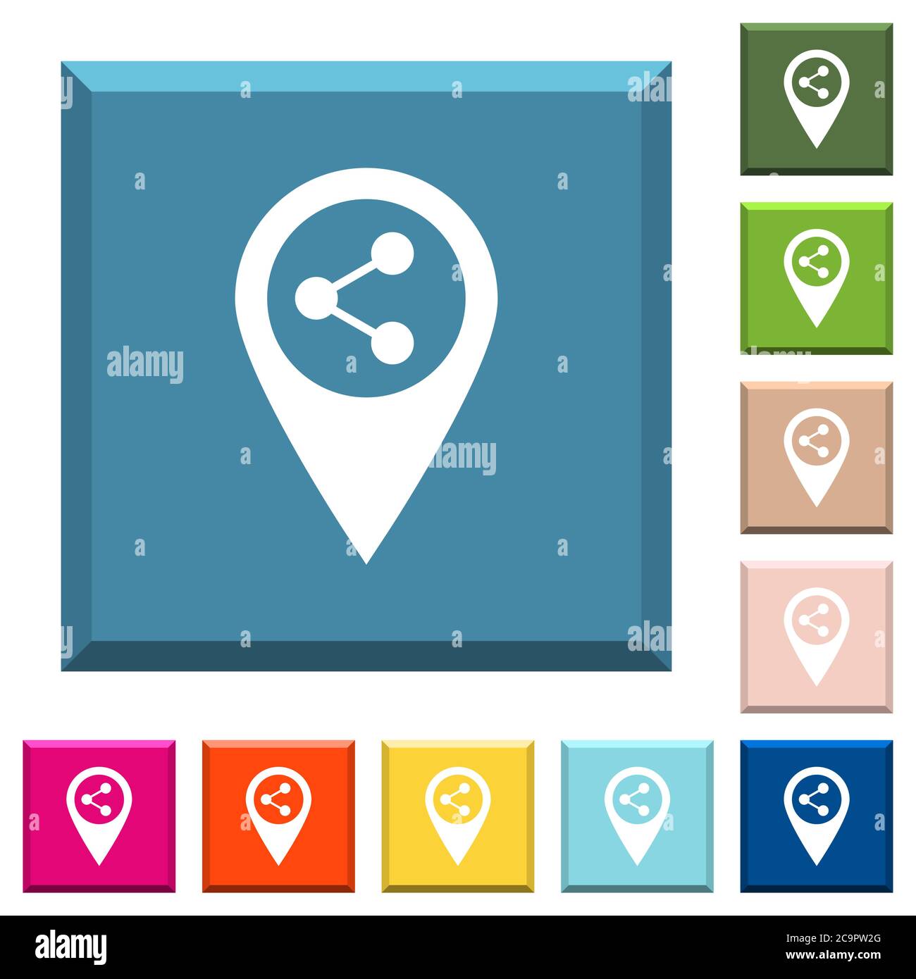 Share GPS map location white icons on edged square buttons in various ...