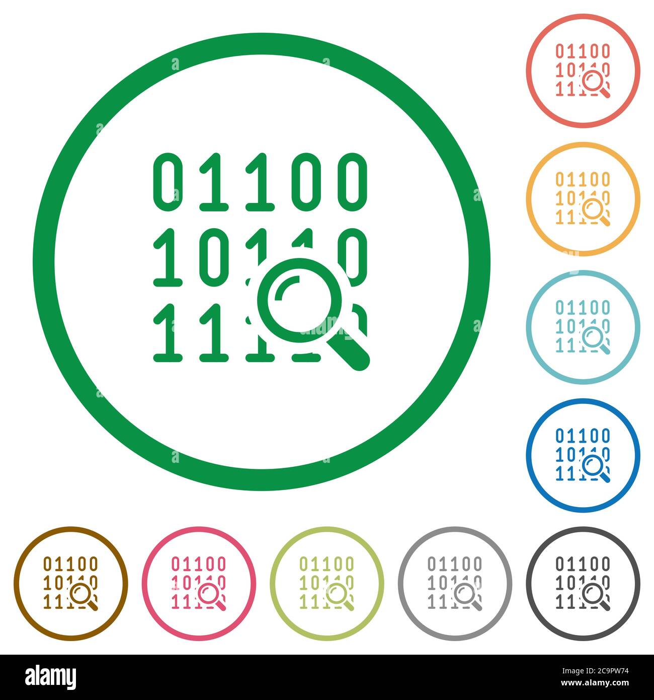 Code analysis flat color icons in round outlines on white background ...