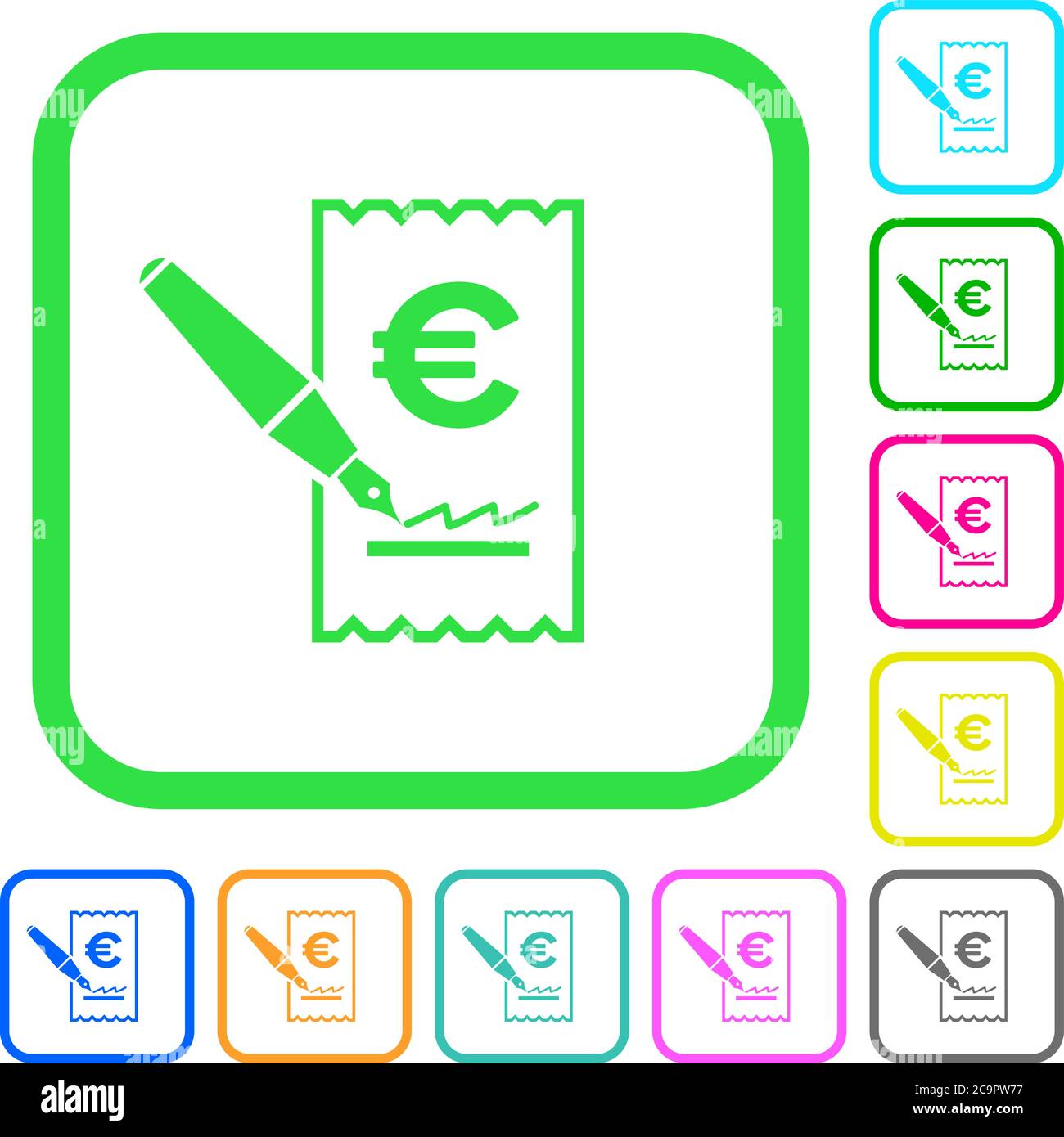Signing Euro cheque vivid colored flat icons in curved borders on white ...