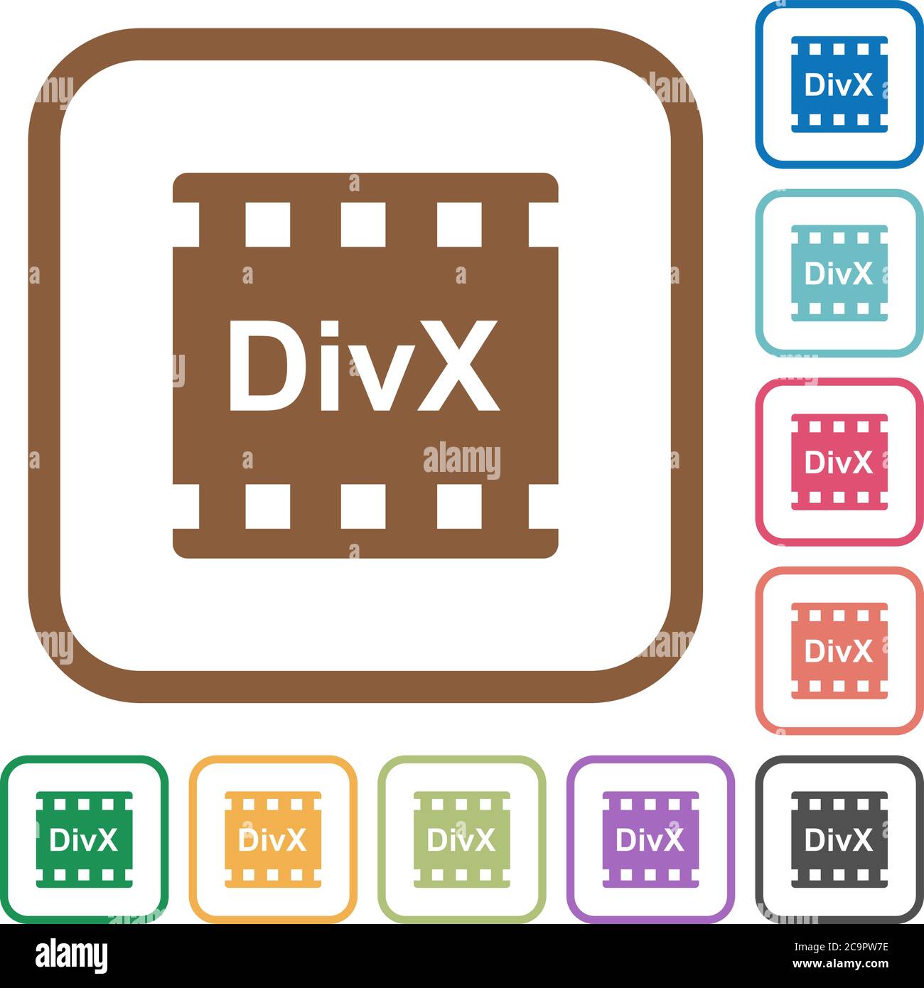 DivX movie format simple icons in color rounded square frames on white ...