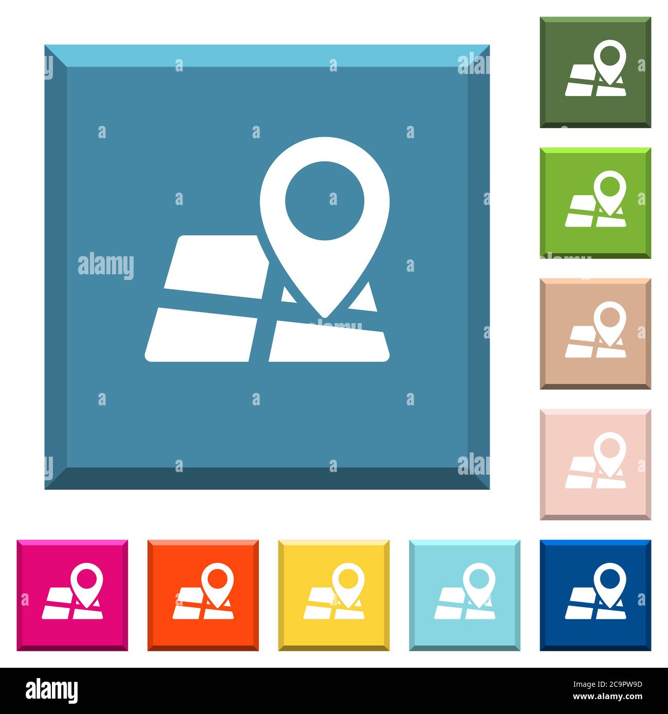 Location pin on map white icons on edged square buttons in various ...