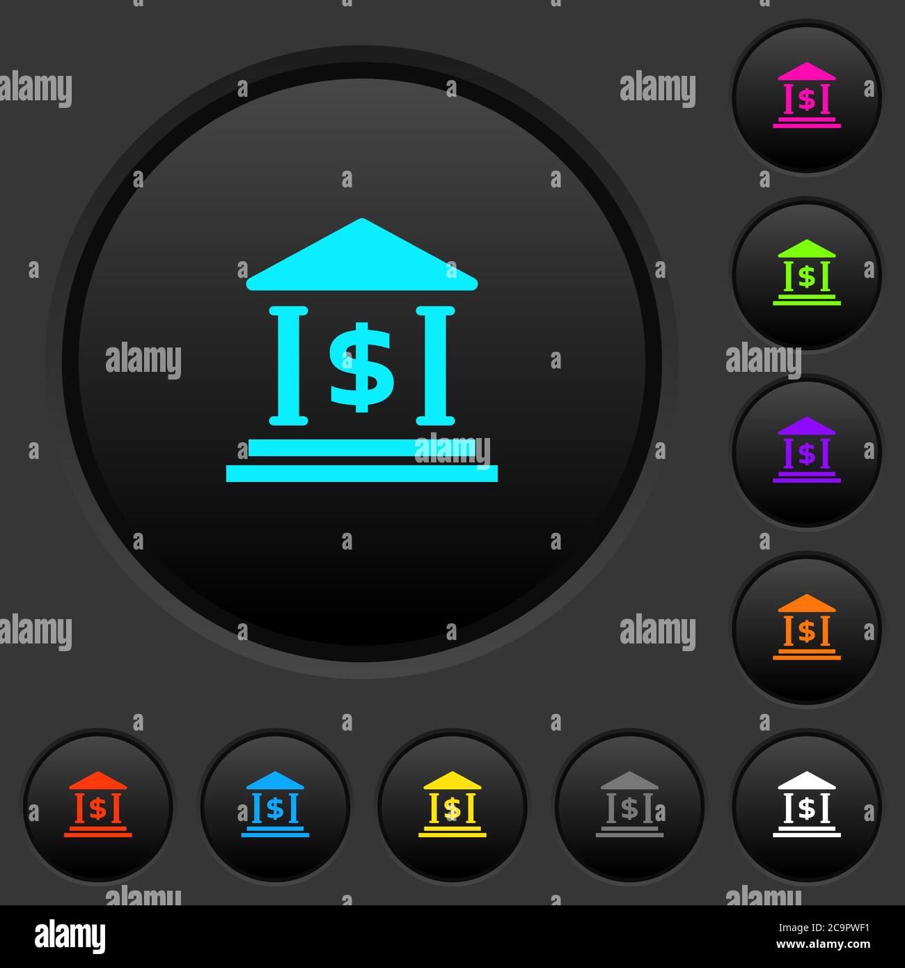 Dollar bank office dark push buttons with vivid color icons on dark ...