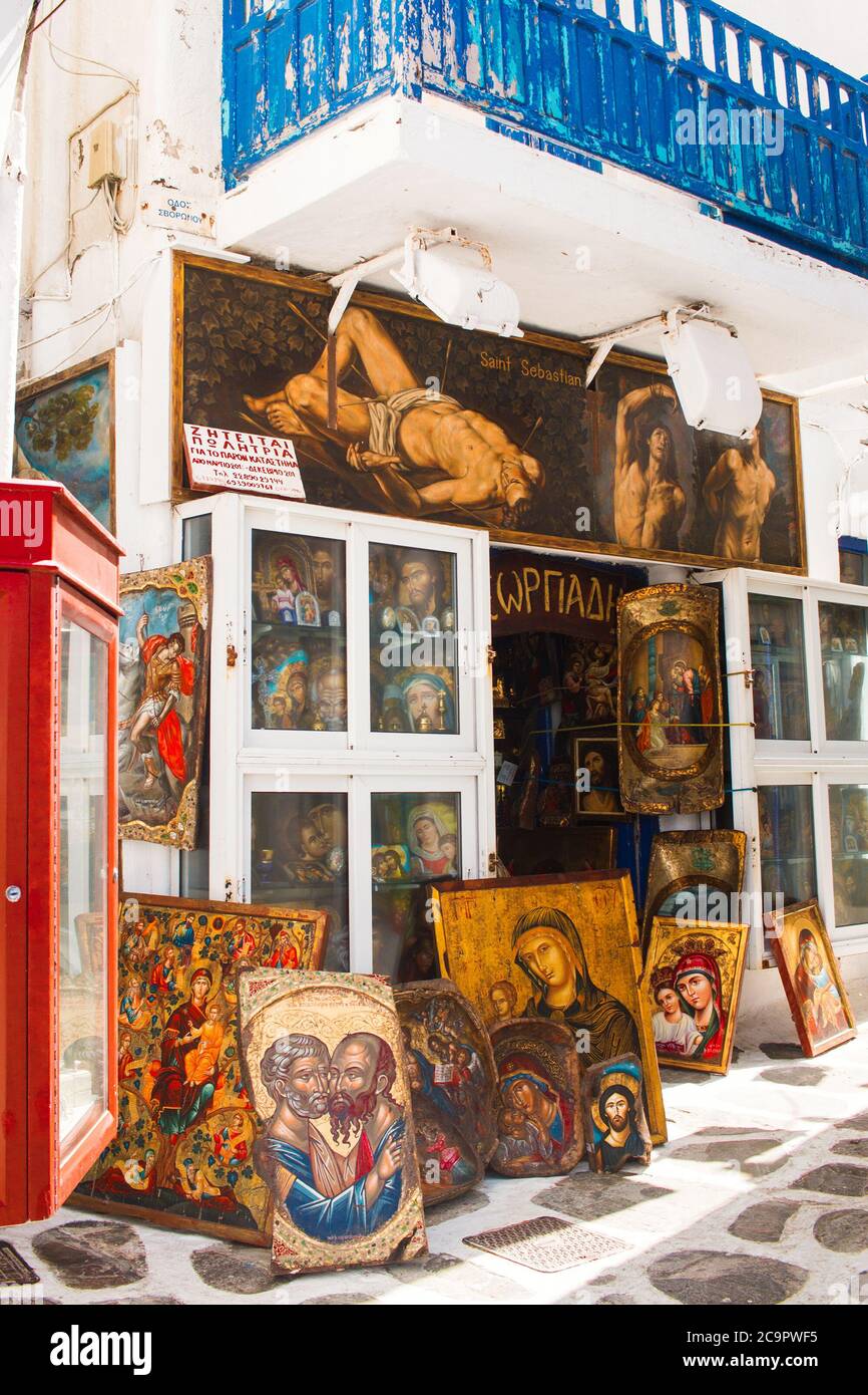 Religious art store in Mykonos town, Greece Stock Photo - Alamy