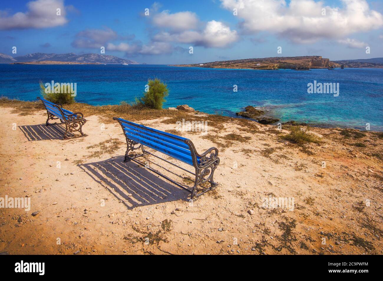 Benches overlooking a beach on Pano Koufonisi island, Greece Stock ... Benches overlooking a beach on Pano Koufonisi island, Greece Stock ...