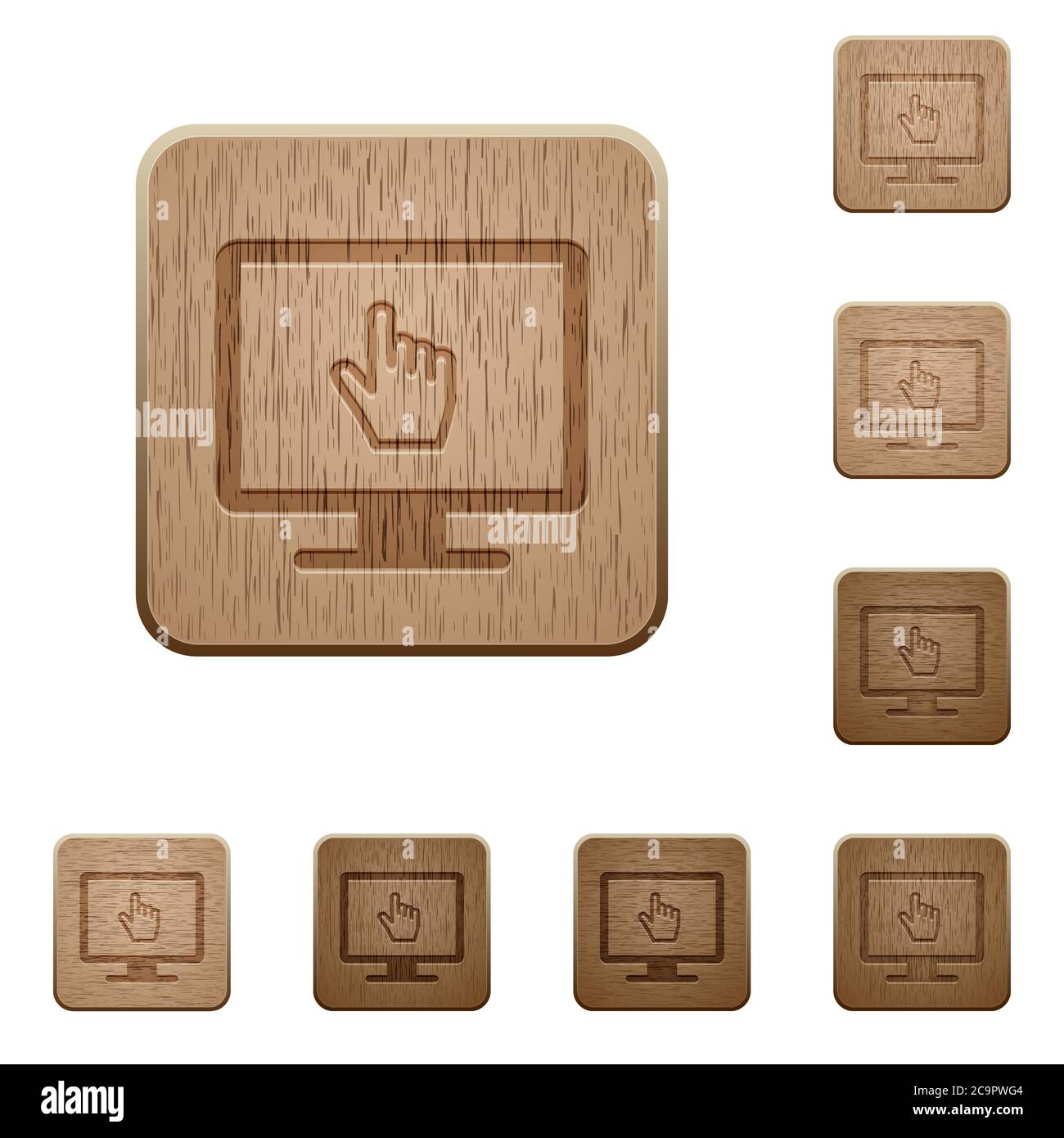 Monitor with pointing cursor on rounded square carved wooden button ...