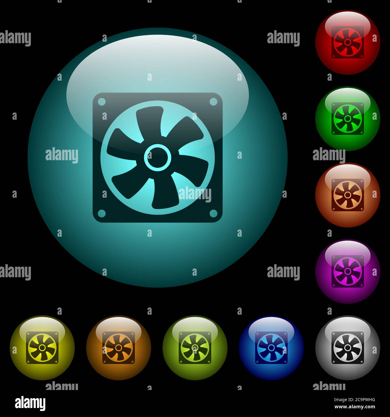 Computer fan icons in color illuminated spherical glass buttons on ...