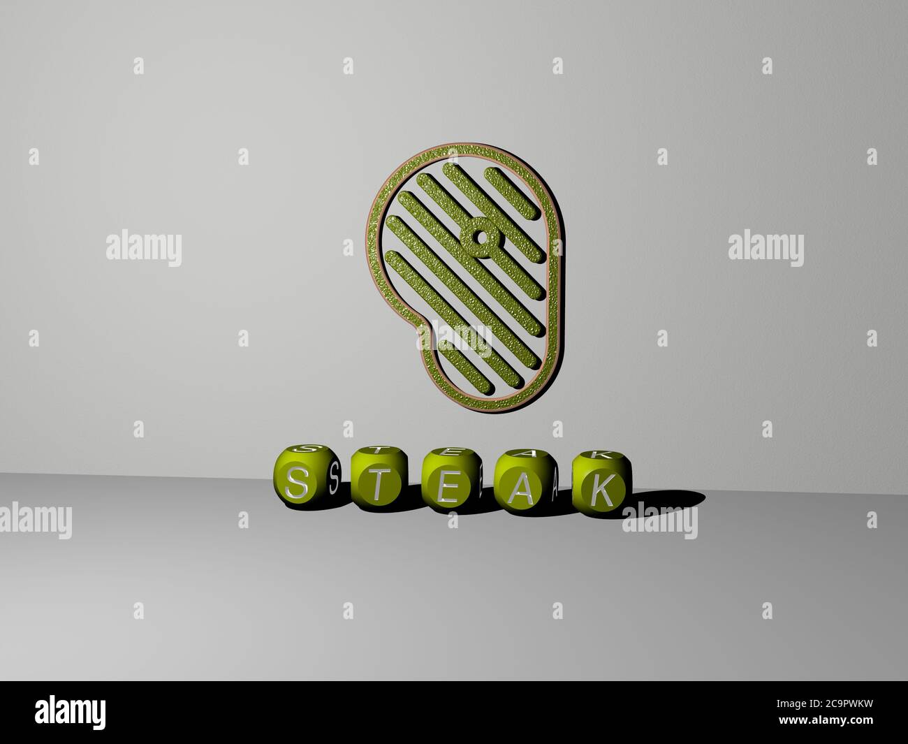 3D representation of STEAK with icon on the wall and text arranged by ...