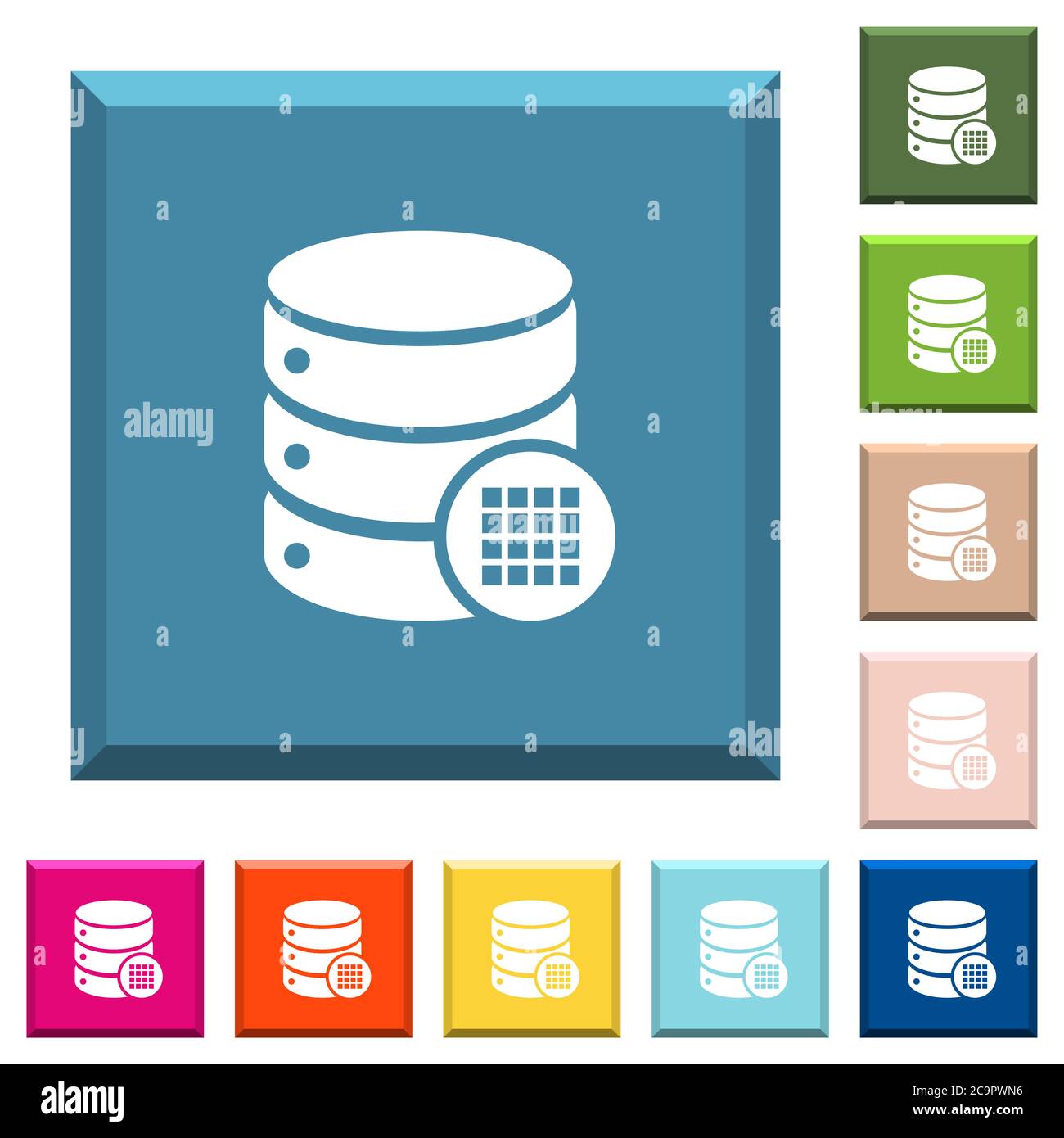 Database table cells white icons on edged square buttons in various ...
