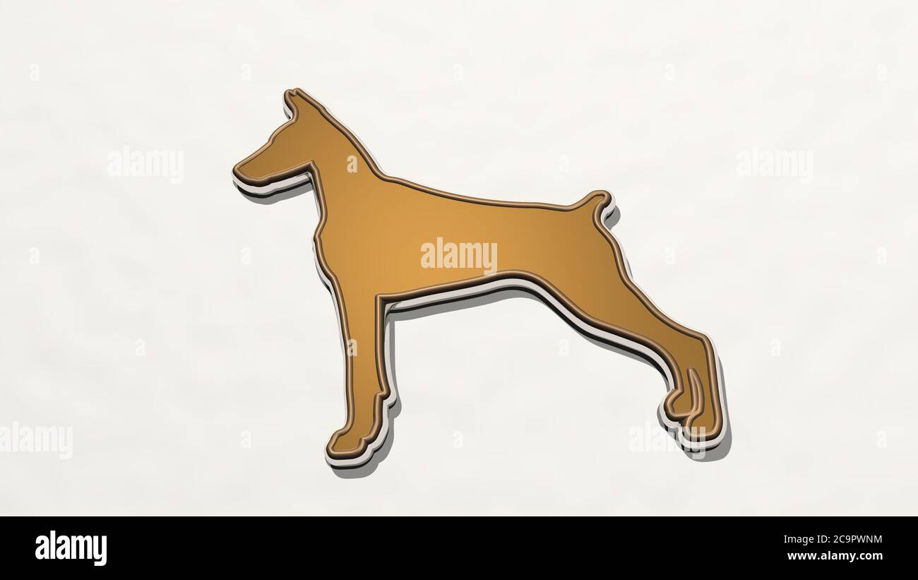 dog made by 3D illustration of a shiny metallic sculpture on a wall ...