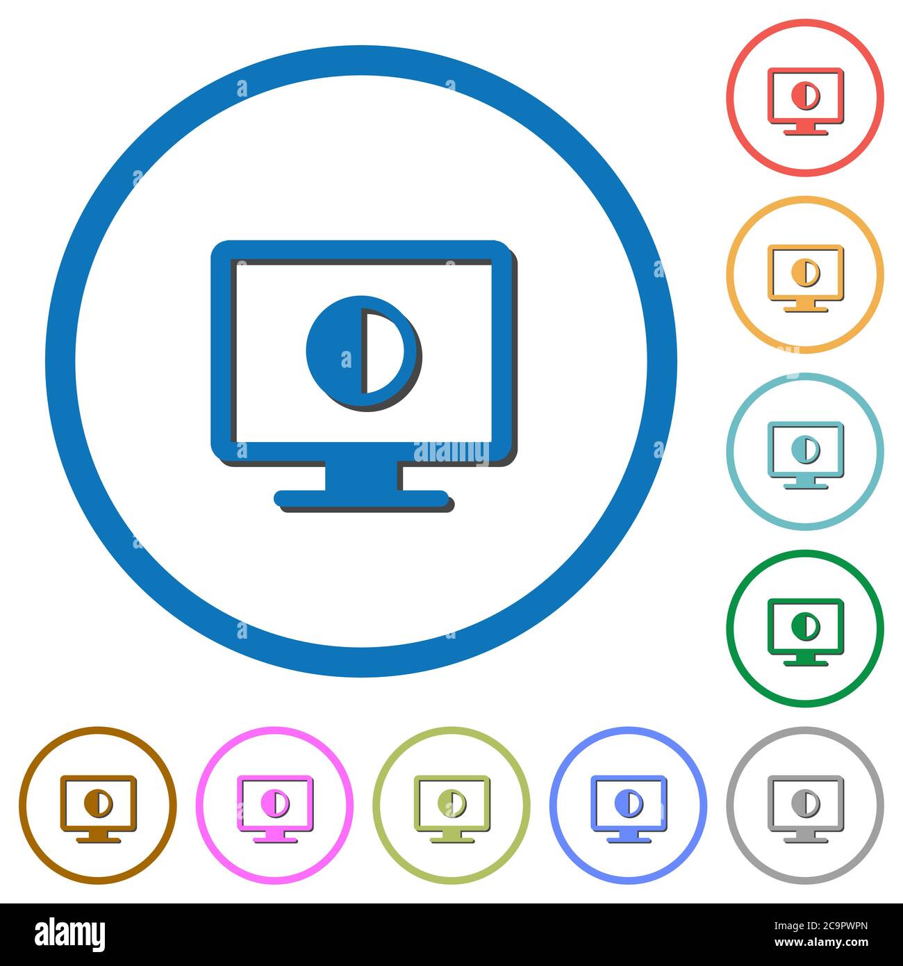 Adjust screen contrast flat color vector icons with shadows in round ...