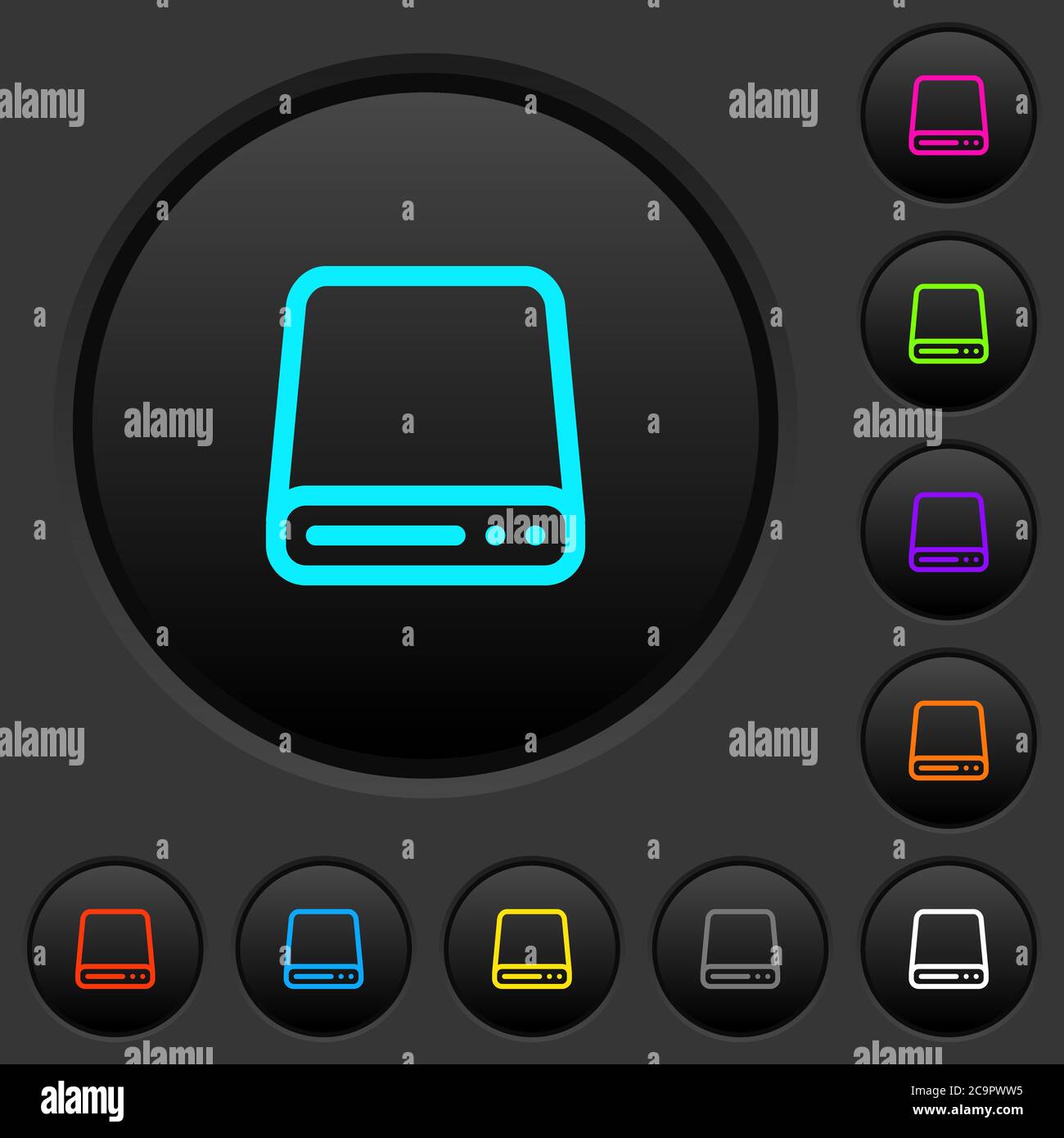 Hard disk drive dark push buttons with vivid color icons on dark grey ...