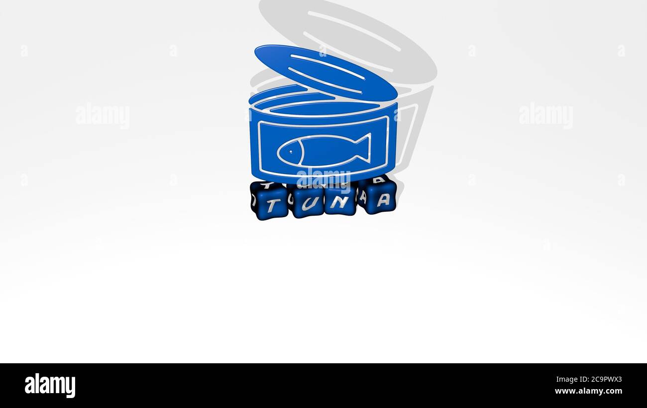 3D graphical image of tuna vertically along with text built by metallic ...