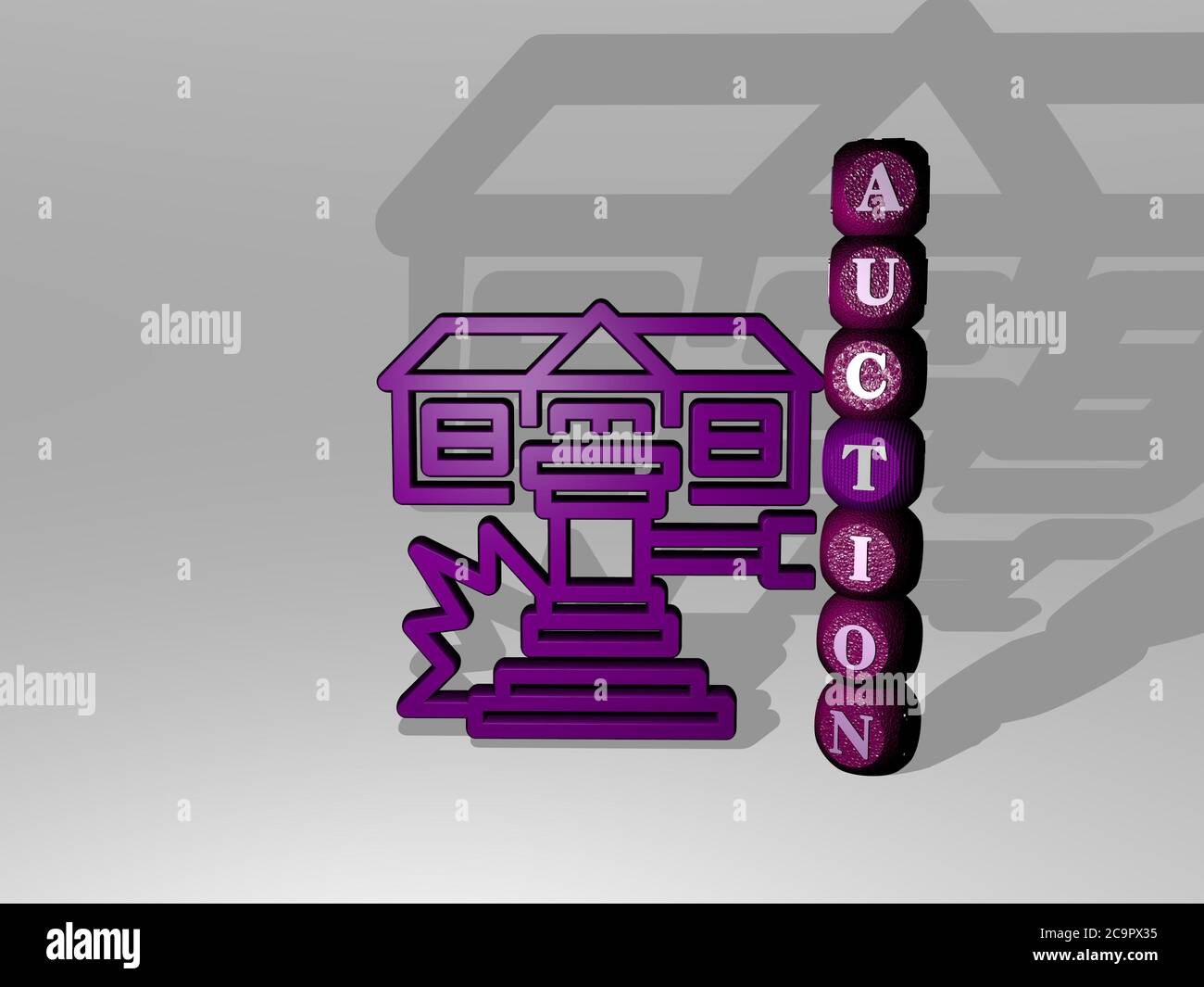 3D representation of auction with icon on the wall and text arranged by ...