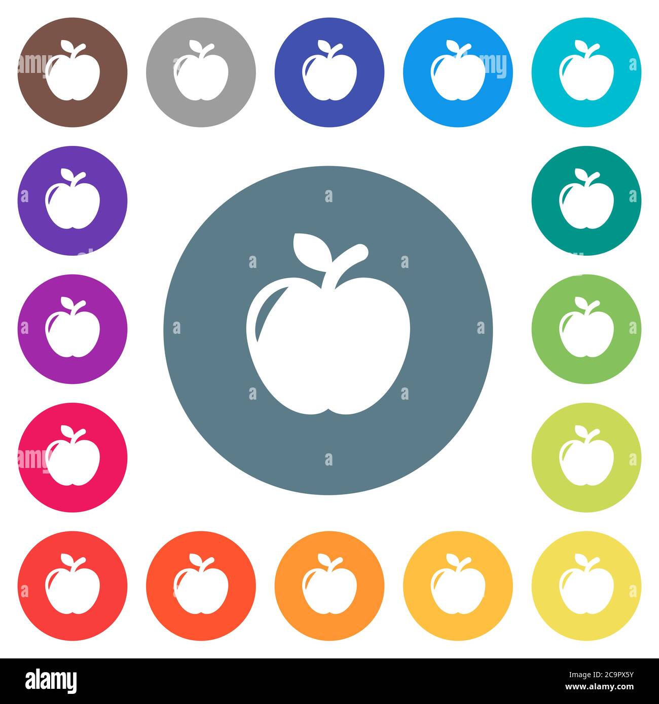 Apple flat white icons on round color backgrounds. 17 background color ...