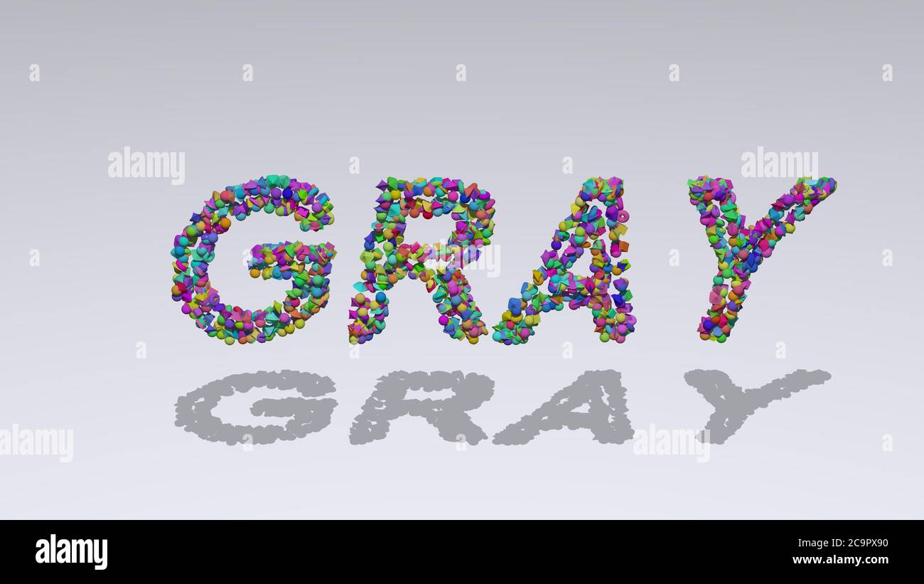 GRAY: 3D illustration of the text made of small objects over a white ...