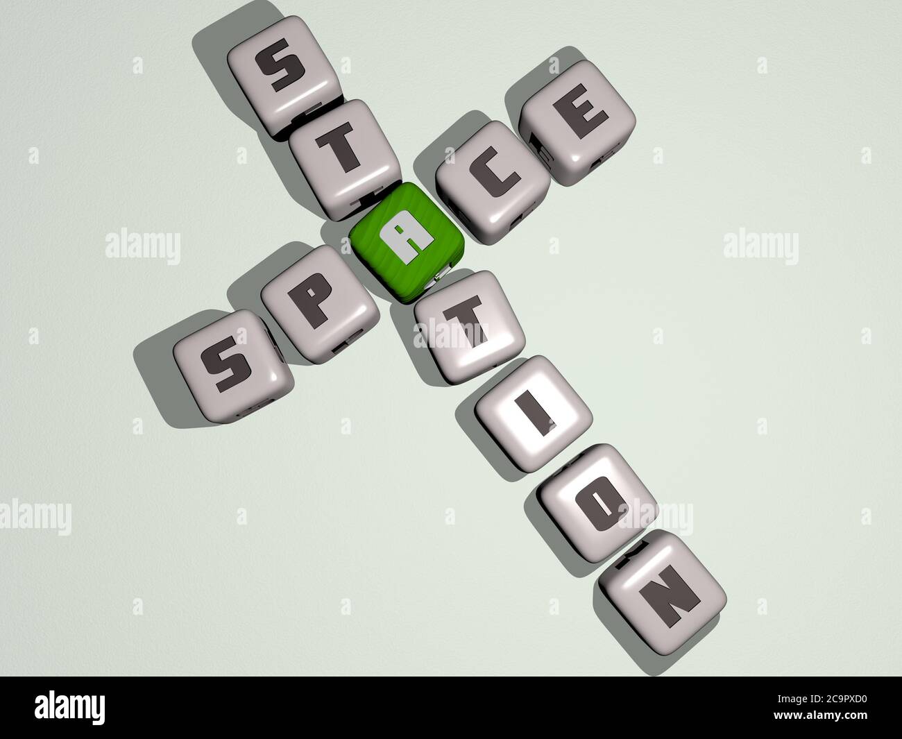 combination of space station built by cubic letters from the top ...
