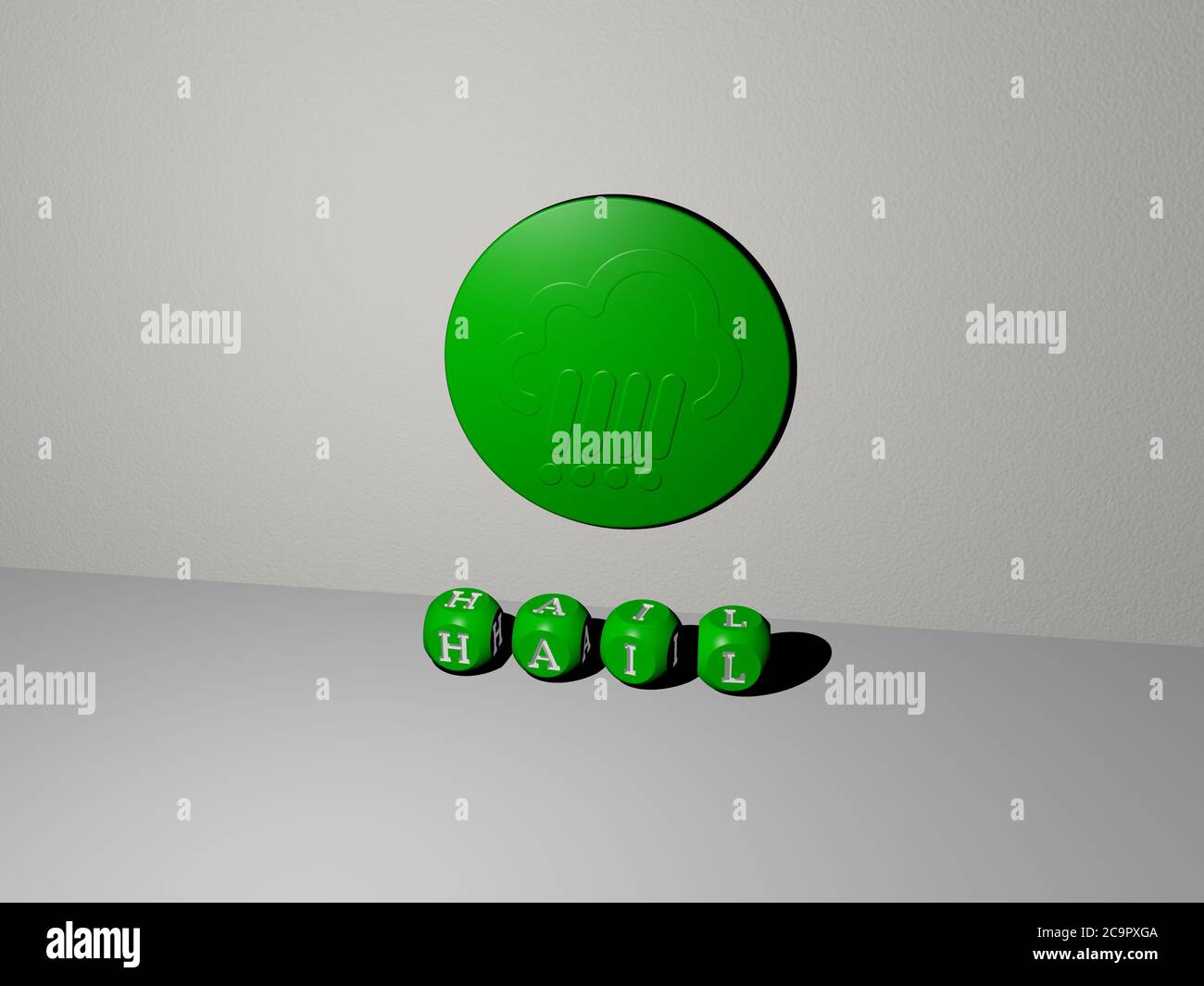 3D illustration of hail graphics and text made by metallic dice letters ...