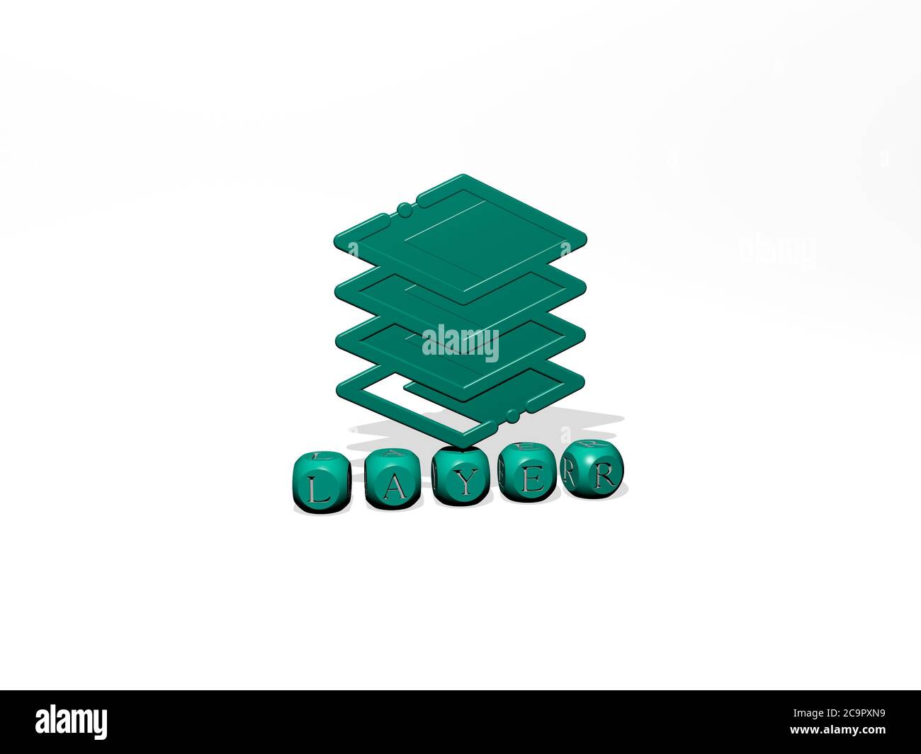 3D illustration of layer graphics and text made by metallic dice ...