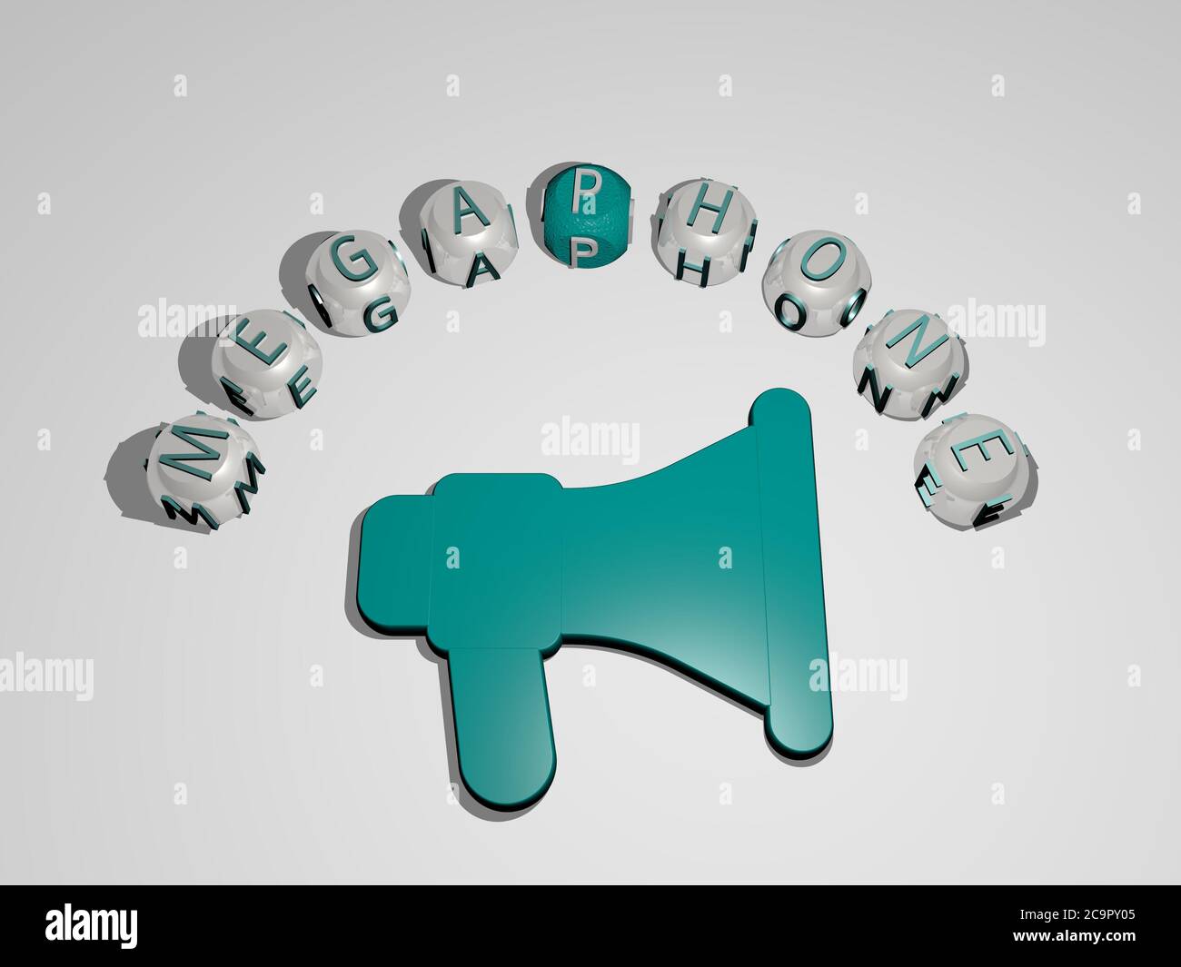 3D representation of MEGAPHONE with icon on the wall and text arranged ...