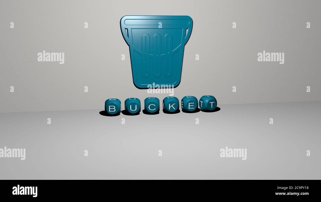 3D illustration of bucket graphics and text made by metallic dice ...