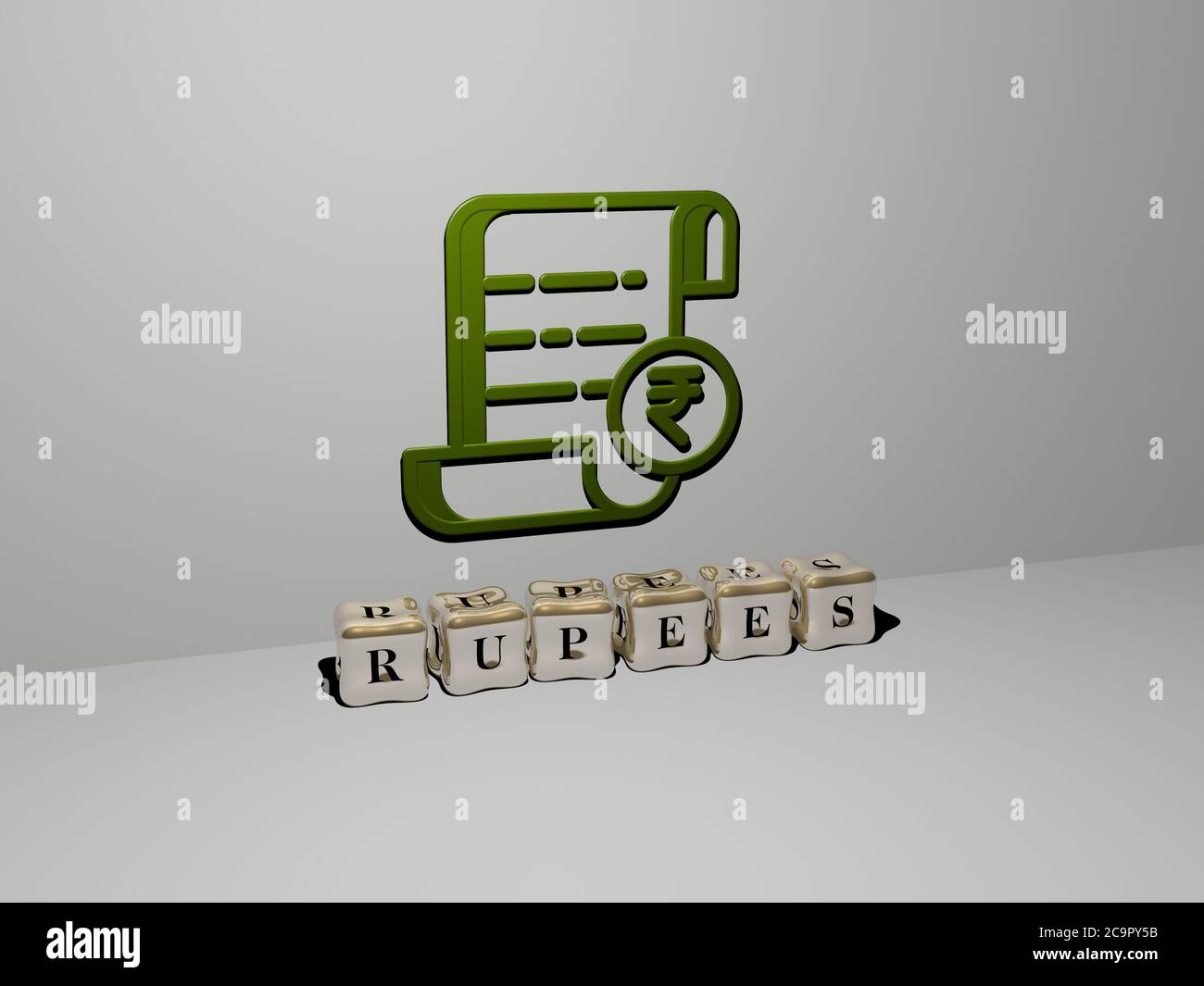 3D illustration of RUPEES graphics and text made by metallic dice ...