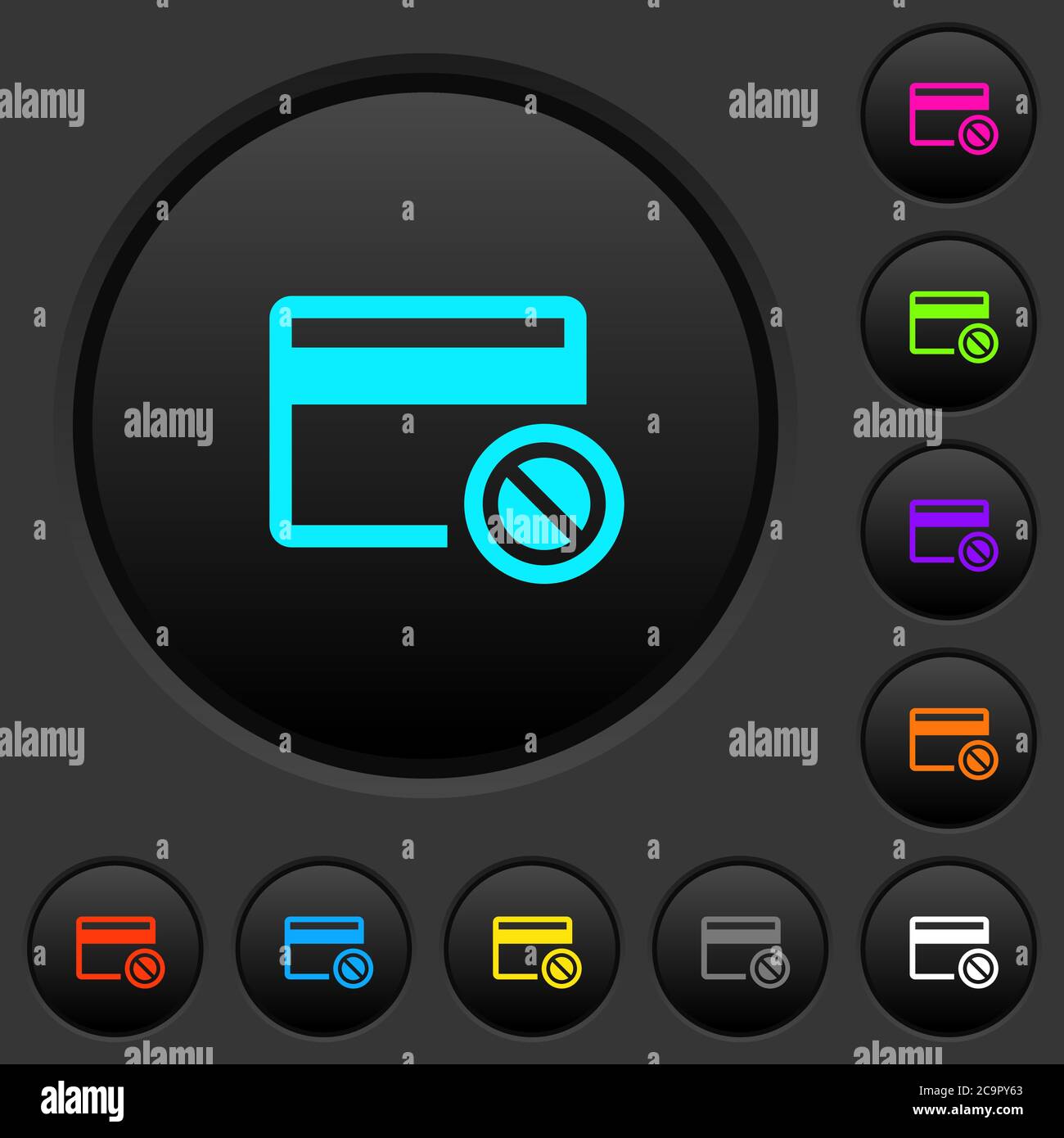 Credit card disabled dark push buttons with vivid color icons on dark ...