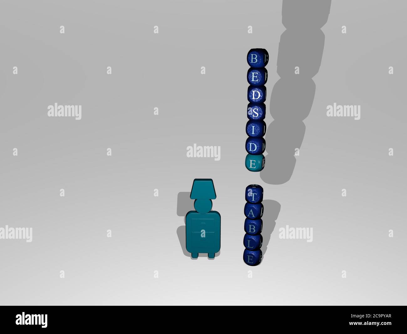 3D representation of BEDSIDE TABLE with icon on the wall and text ...