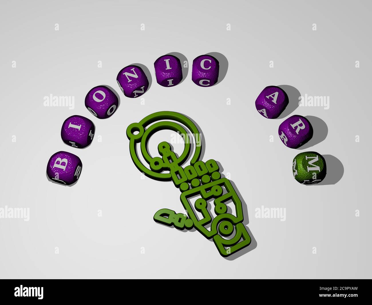3D representation of BIONIC ARM with icon on the wall and text arranged ...