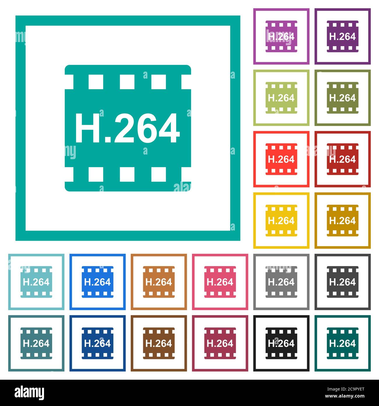 H.264 movie format flat color icons with quadrant frames on white ...
