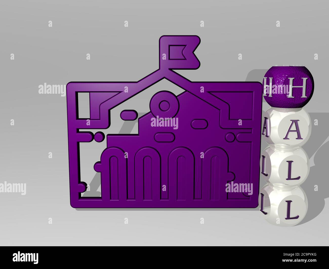 3D representation of hall with icon on the wall and text arranged by ...