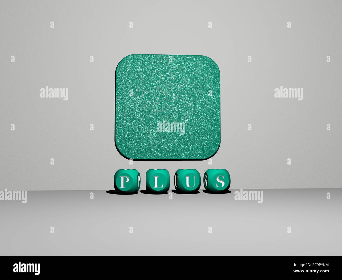 3D illustration of PLUS graphics and text made by metallic dice letters ...