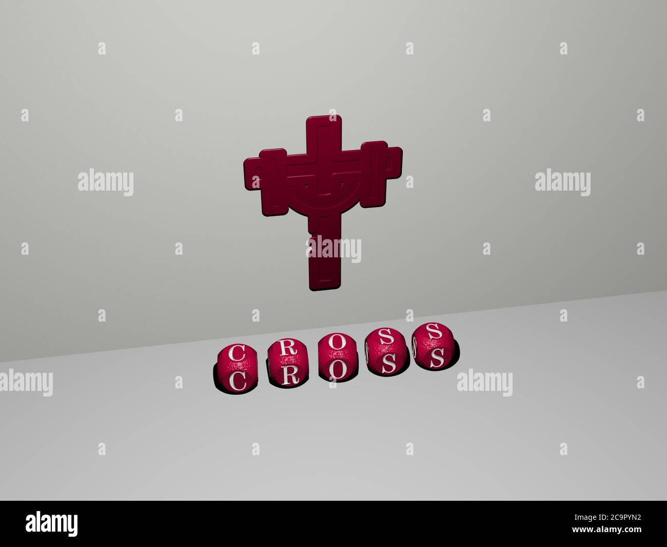 3D illustration of cross graphics and text made by metallic dice ...