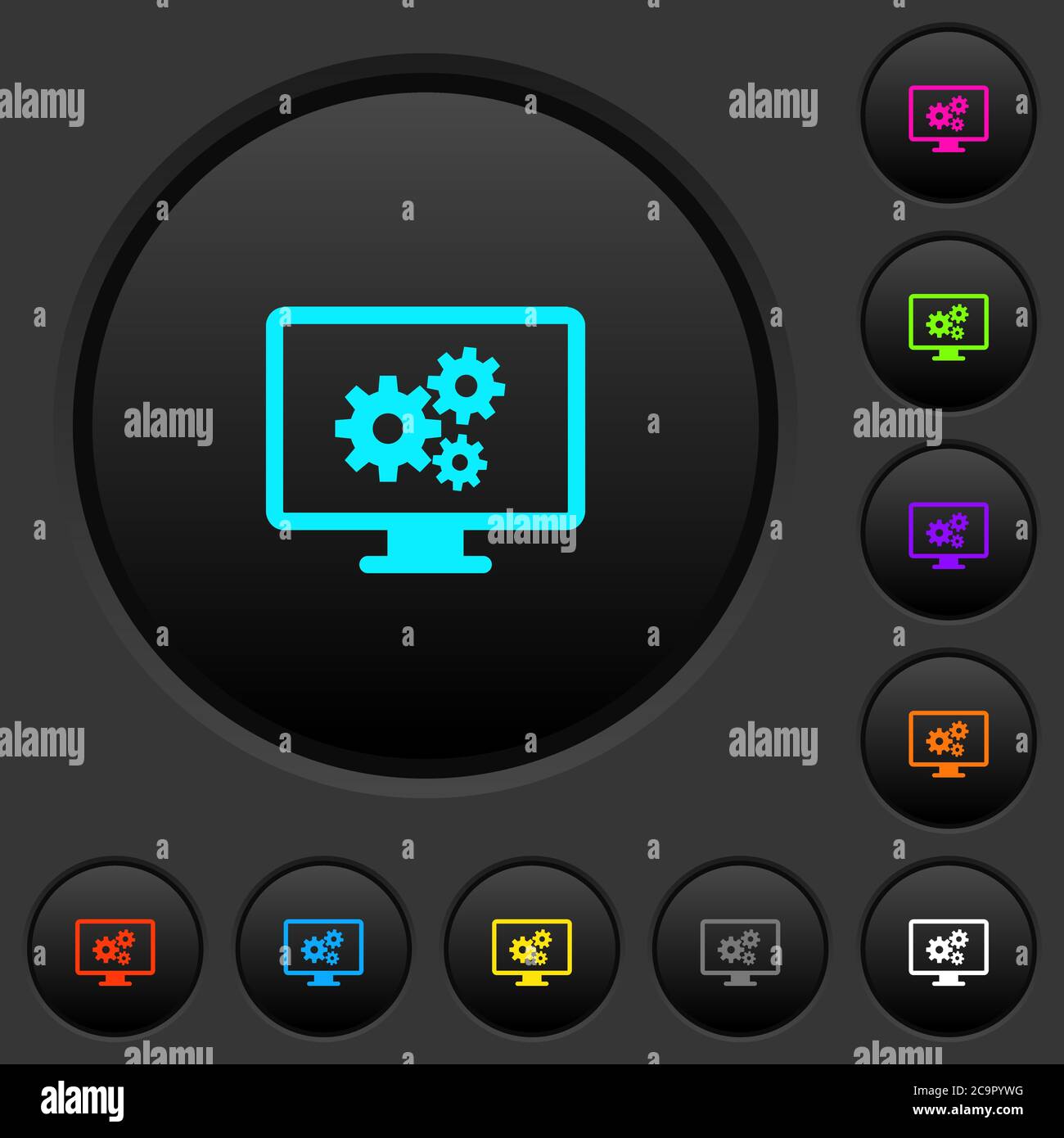 Screen settings dark push buttons with vivid color icons on dark grey ...