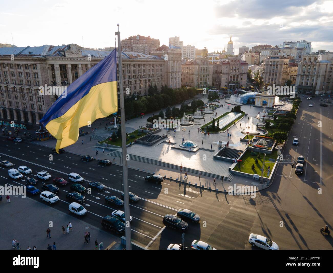 Flag of Ukraine in the center of Kyiv. Independence Square ...