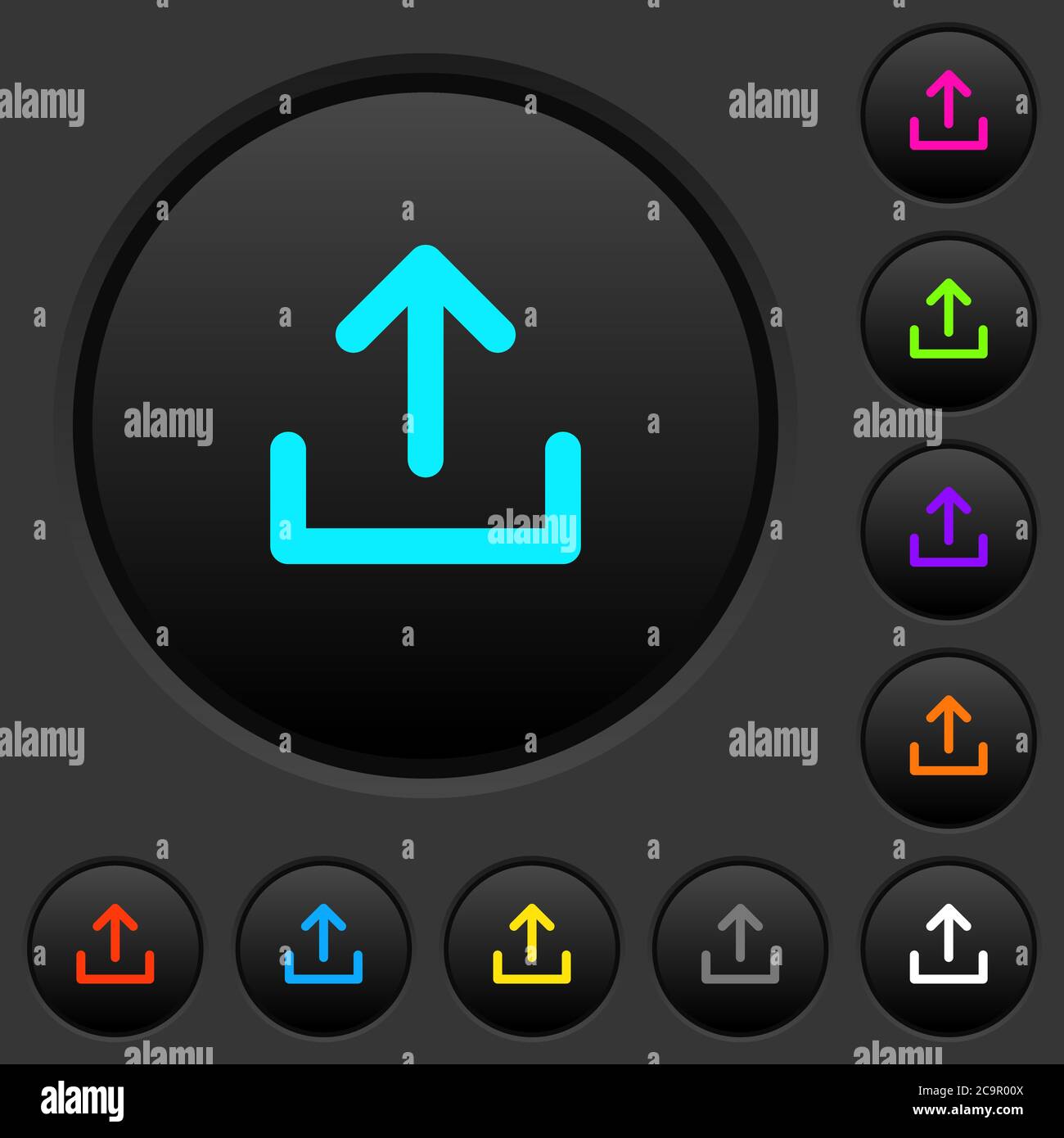 Upload symbol dark push buttons with vivid color icons on dark grey ...
