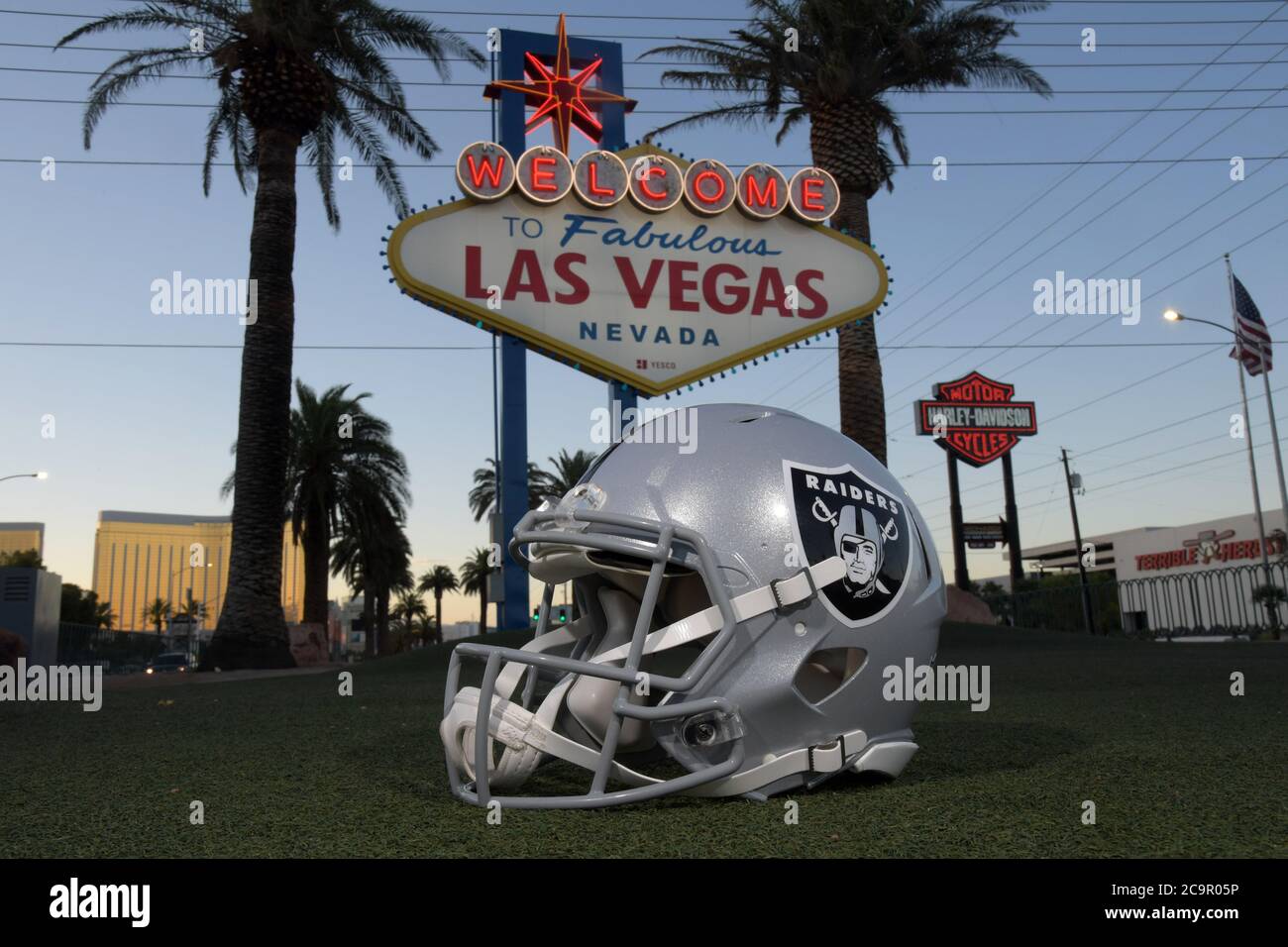 A Las Vegas Raiders helmet at the Welcome to Fabulous Las Vegas sign on ...
