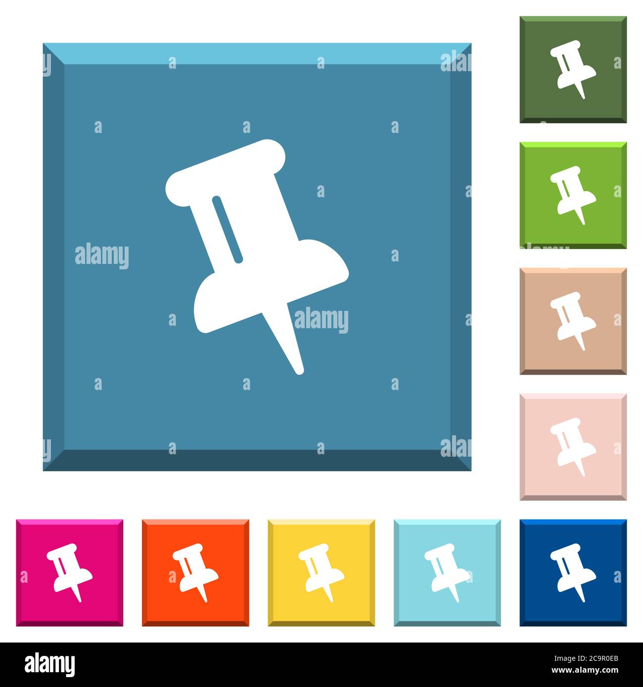 Push pin white icons on edged square buttons in various trendy colors ...
