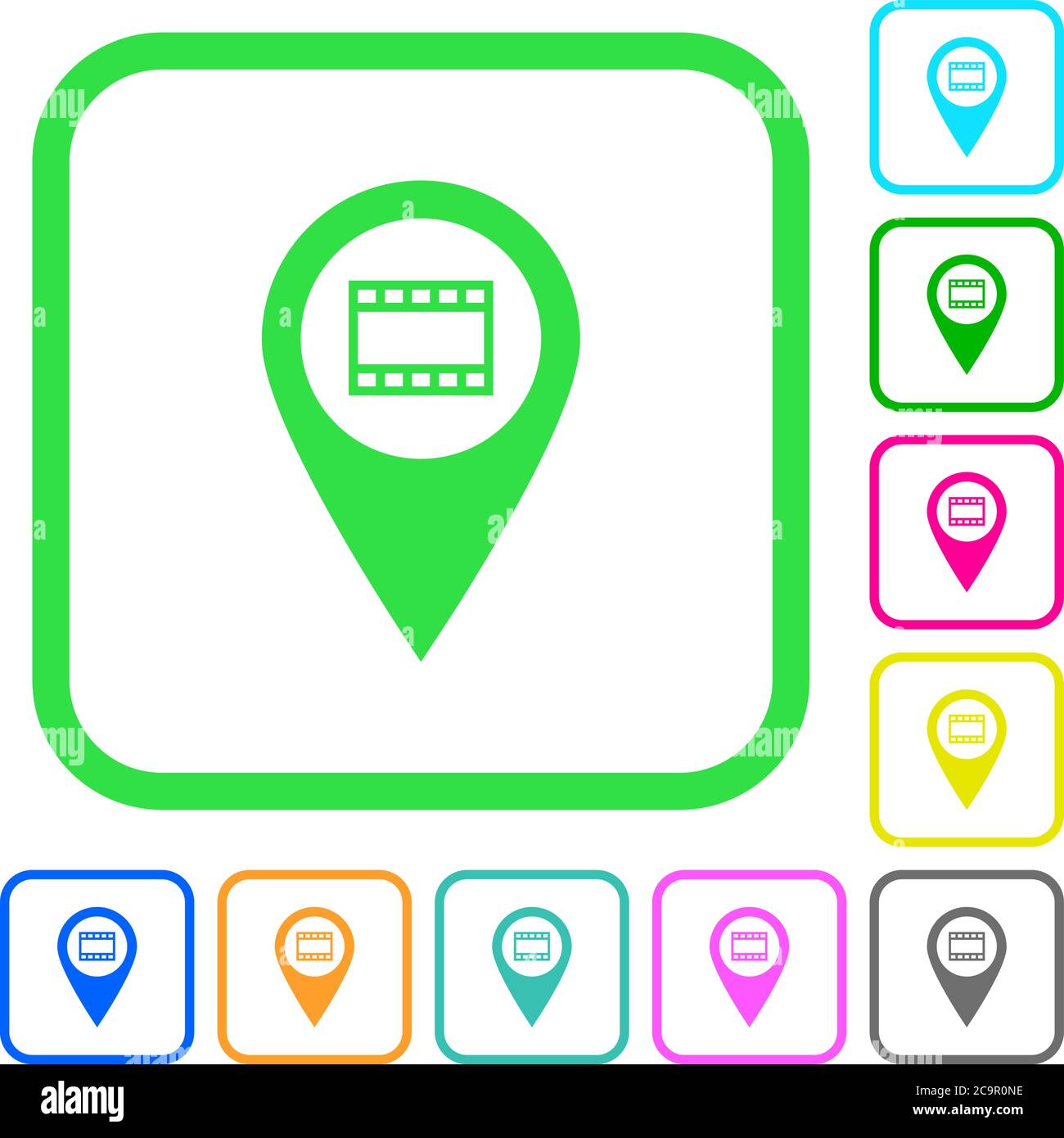 Cinema GPS map location vivid colored flat icons in curved borders on ...