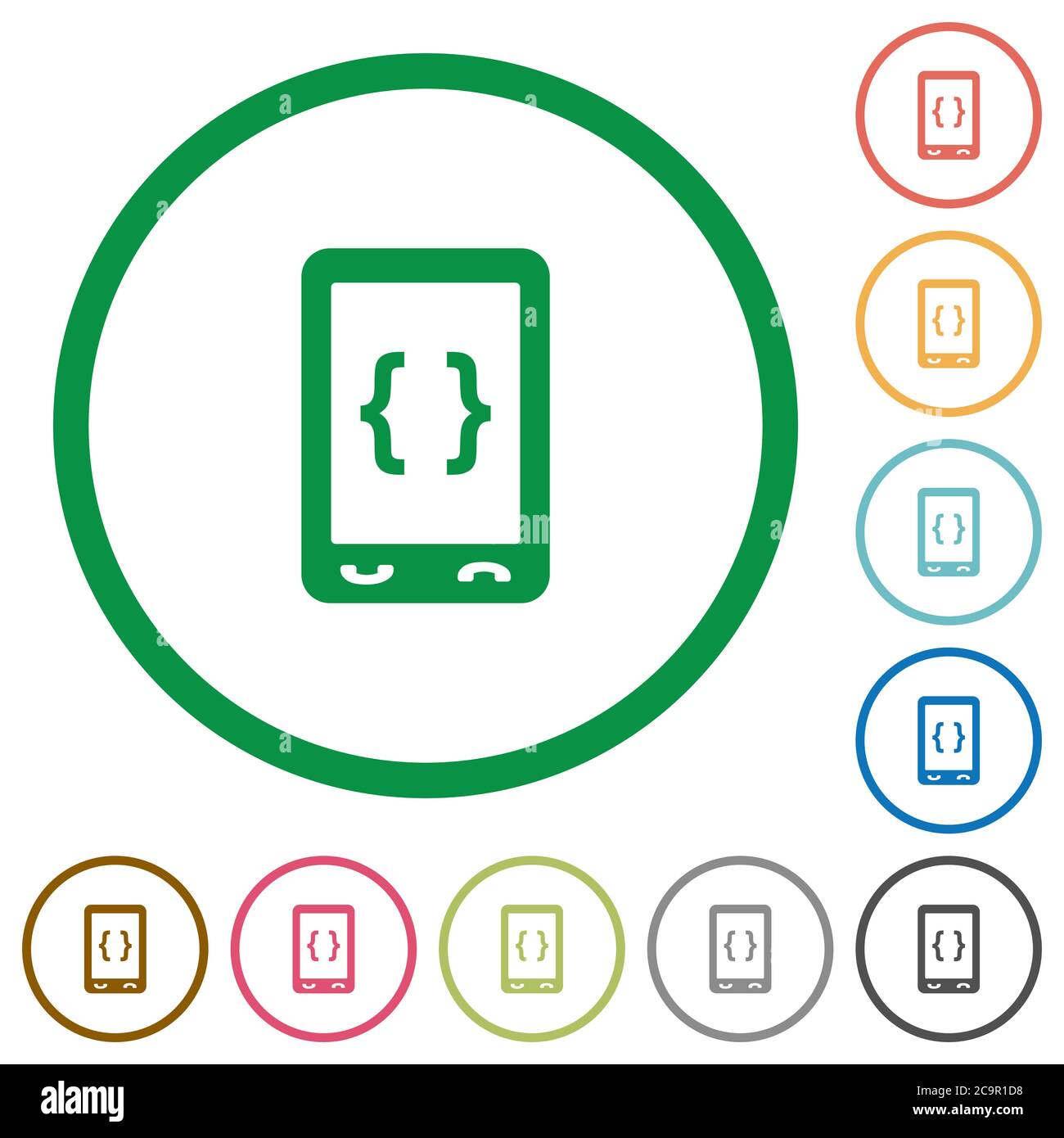 Mobile software development flat color icons in round outlines on white ...