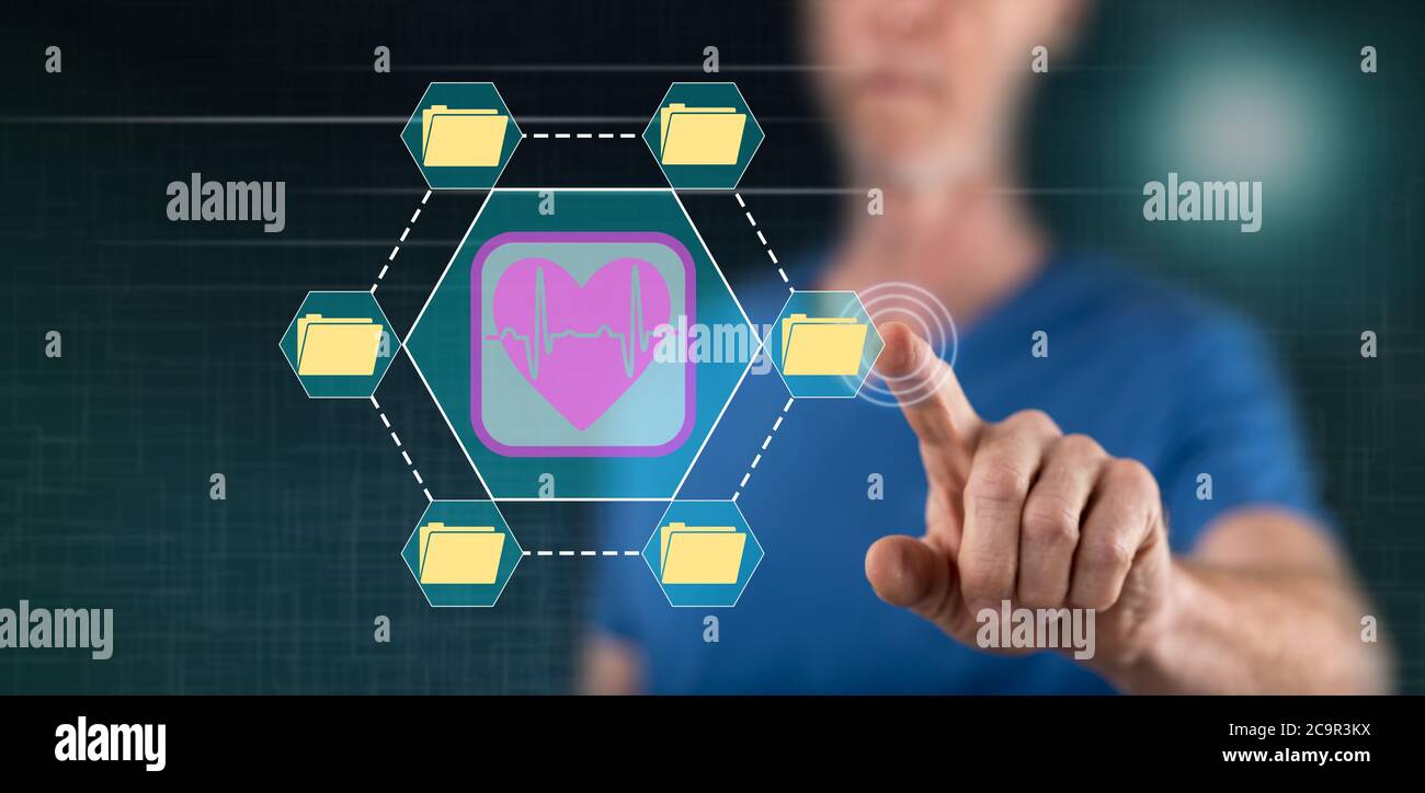 Man touching a medical record concept on a touch screen with his finger ...