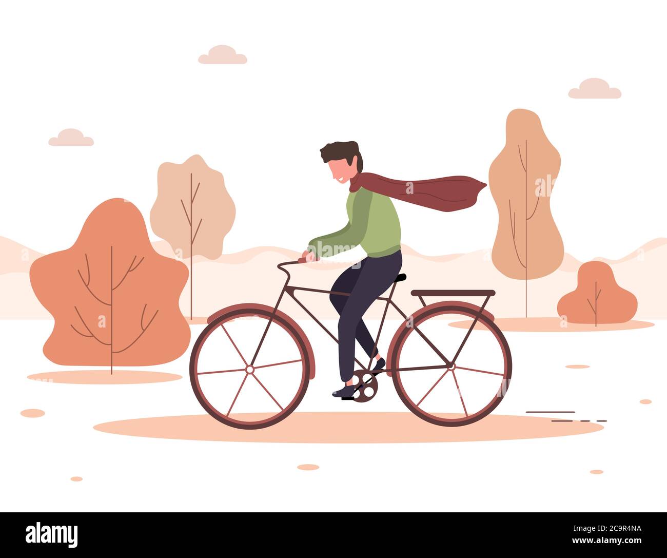 Autumn background. Cartoon young man ride on bicycle in park. Healthy ...
